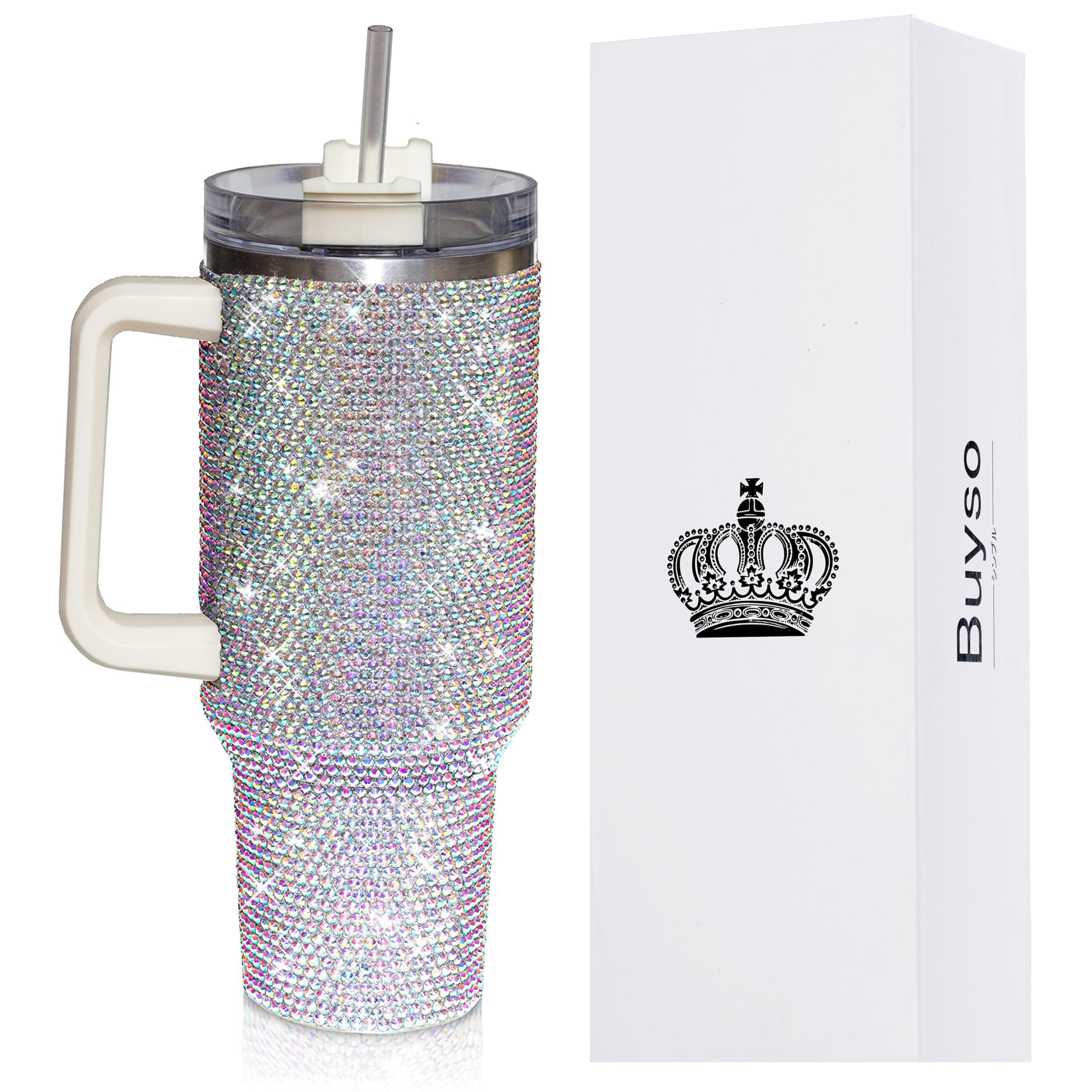 Buyso 40 Oz Bling Tumbler With Handle Rhinestones Tumbler With Lid and Straw Fix for Car Cup Holder Insulated Stainless Steel Double Wall Water Cup Travel Mug Tumblr For Women (40 oz, Shiny)