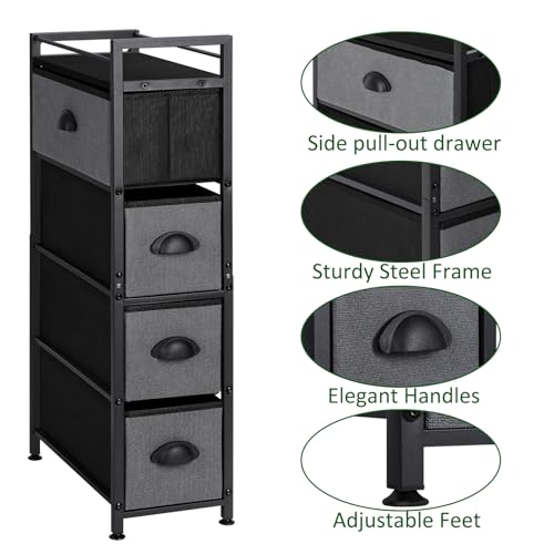 Narrow Dresser - 4 Drawers Slim Fabric Storage Cabinet - Vertical Standing Storage Chest - Gaps Tower Organizer with Removable Drawers and Wooden top for Laundry,Living Room,Entryway (Black_Side pull)