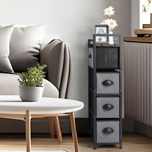 Narrow Dresser - 4 Drawers Slim Fabric Storage Cabinet - Vertical Standing Storage Chest - Gaps Tower Organizer with Removable Drawers and Wooden top for Laundry,Living Room,Entryway (Black_Side pull)
