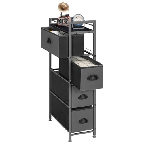 Narrow Dresser - 4 Drawers Slim Fabric Storage Cabinet - Vertical Standing Storage Chest - Gaps Tower Organizer with Removable Drawers and Wooden top for Laundry,Living Room,Entryway (Black_Side pull)