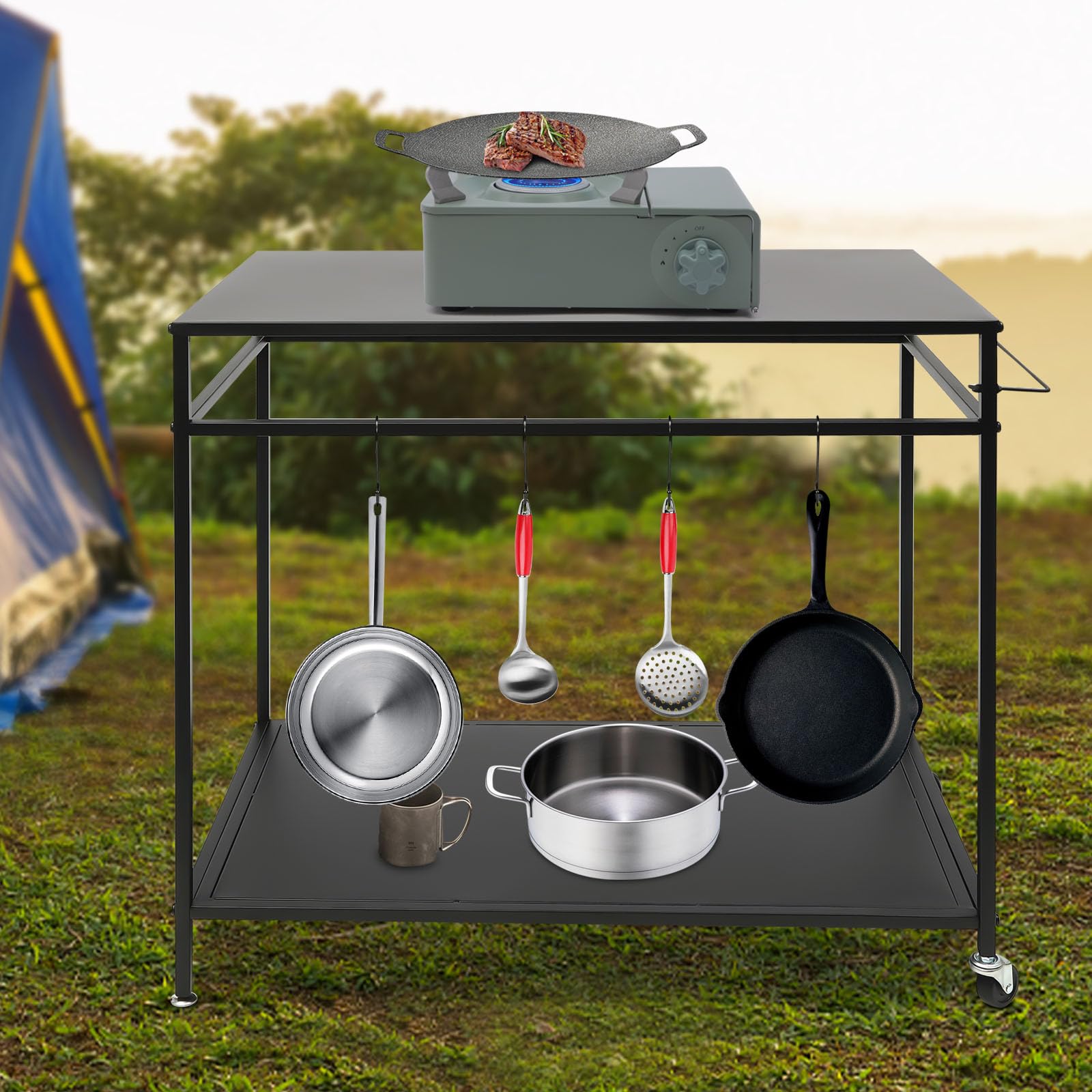33.46" L×19.49" W Outdoor Grill Cart Double-Shelf Movable Grill Table Outdoor Pizza Oven Cart with Storage and Spice Rack