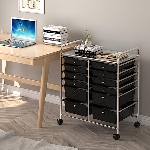 MEDIMALL 12 Drawers Rolling Storage Cart, Multipurpose Craft Storage Cart with Wheels, Mobile Tools Scrapbook Paper Organizer Cart for Office School Home Use (Black)