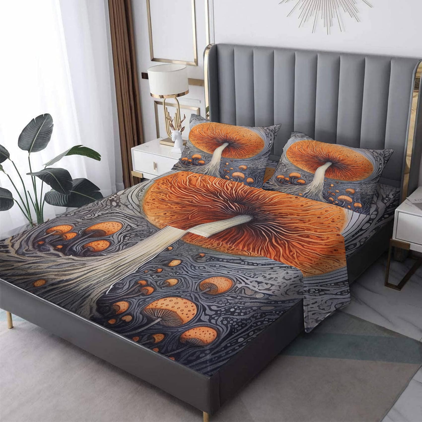 Mushroom Sheets Full Size, Fungi Fantasy Bed Sheets, Patterned Bedding Sheets & Pillowcases 4 Piece Set - Soft Microfiber Deep Pocket Fitted Sheet & Flat Sheet & 2 Pillow Cases K0-&-18