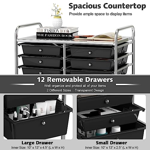 MEDIMALL 12 Drawers Rolling Storage Cart, Multipurpose Craft Storage Cart with Wheels, Mobile Tools Scrapbook Paper Organizer Cart for Office School Home Use (Black)