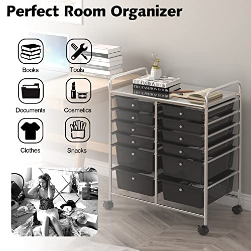 MEDIMALL 12 Drawers Rolling Storage Cart, Multipurpose Craft Storage Cart with Wheels, Mobile Tools Scrapbook Paper Organizer Cart for Office School Home Use (Black)