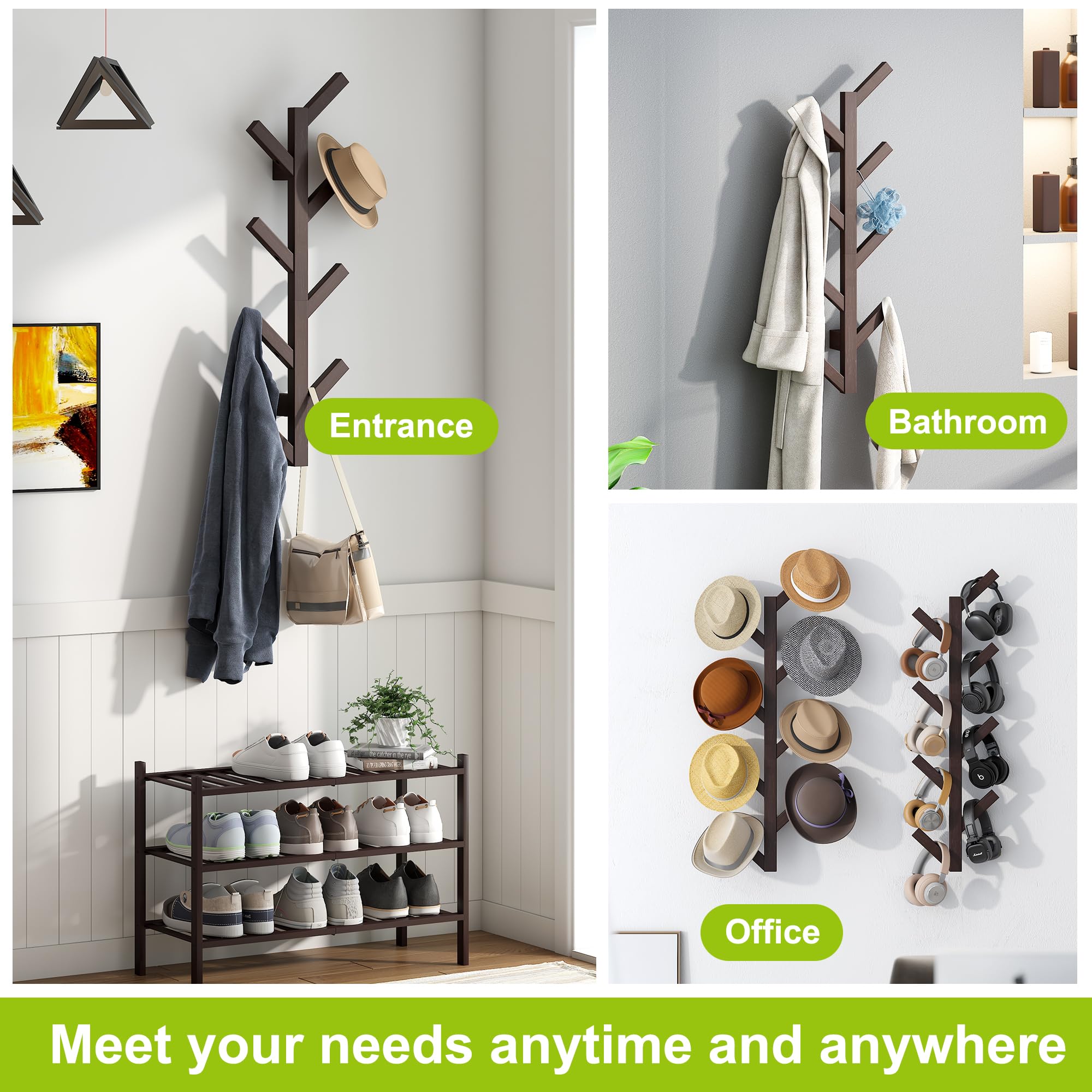 BMOSU Wall Mounted Coat Rack Coat Tree Hat Tree on The Wall with 8 Hooks Coat Rack for Hats Jackets Bags Scarves for Entrance Living Room(Black)(Brown)