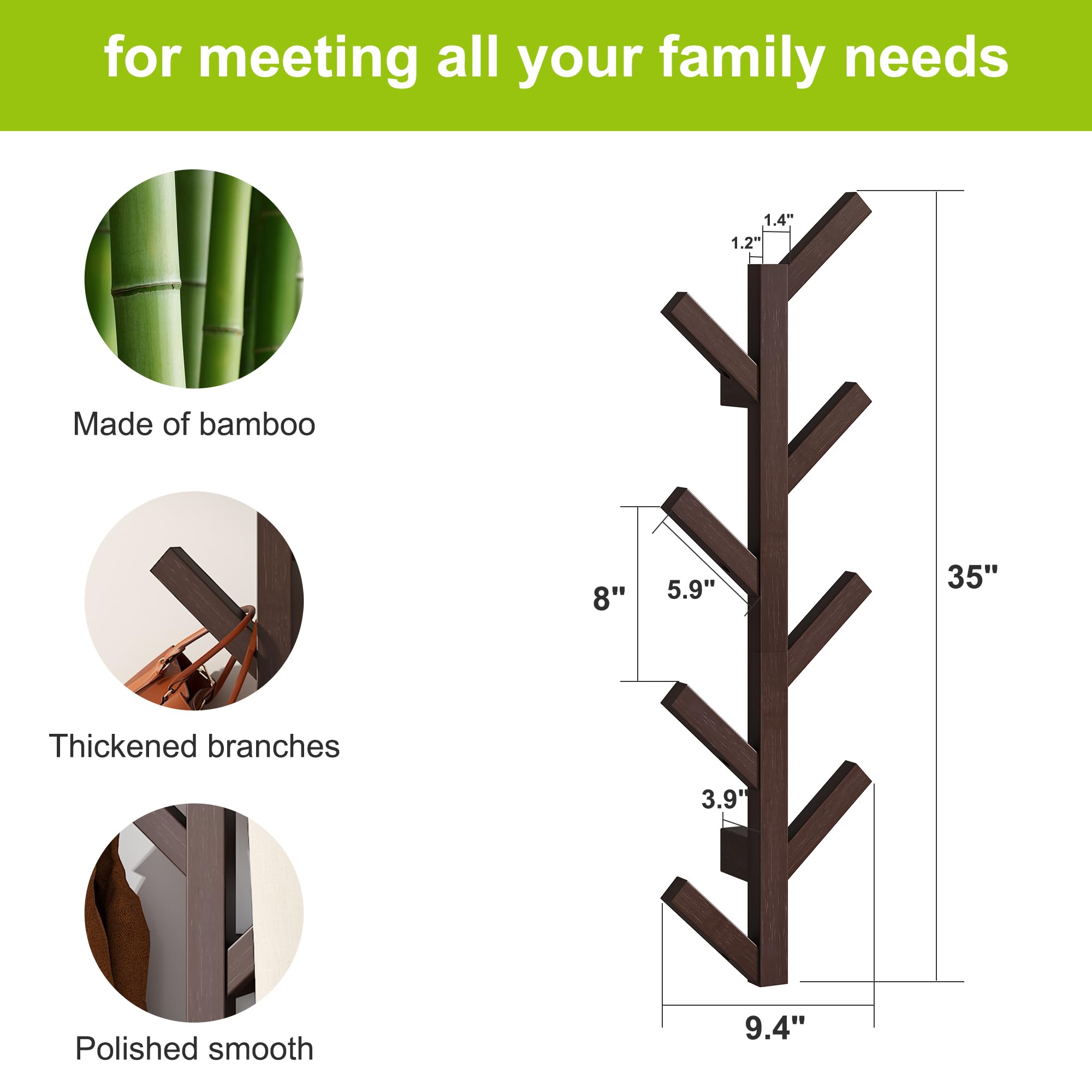 BMOSU Wall Mounted Coat Rack Coat Tree Hat Tree on The Wall with 8 Hooks Coat Rack for Hats Jackets Bags Scarves for Entrance Living Room(Black)(Brown)