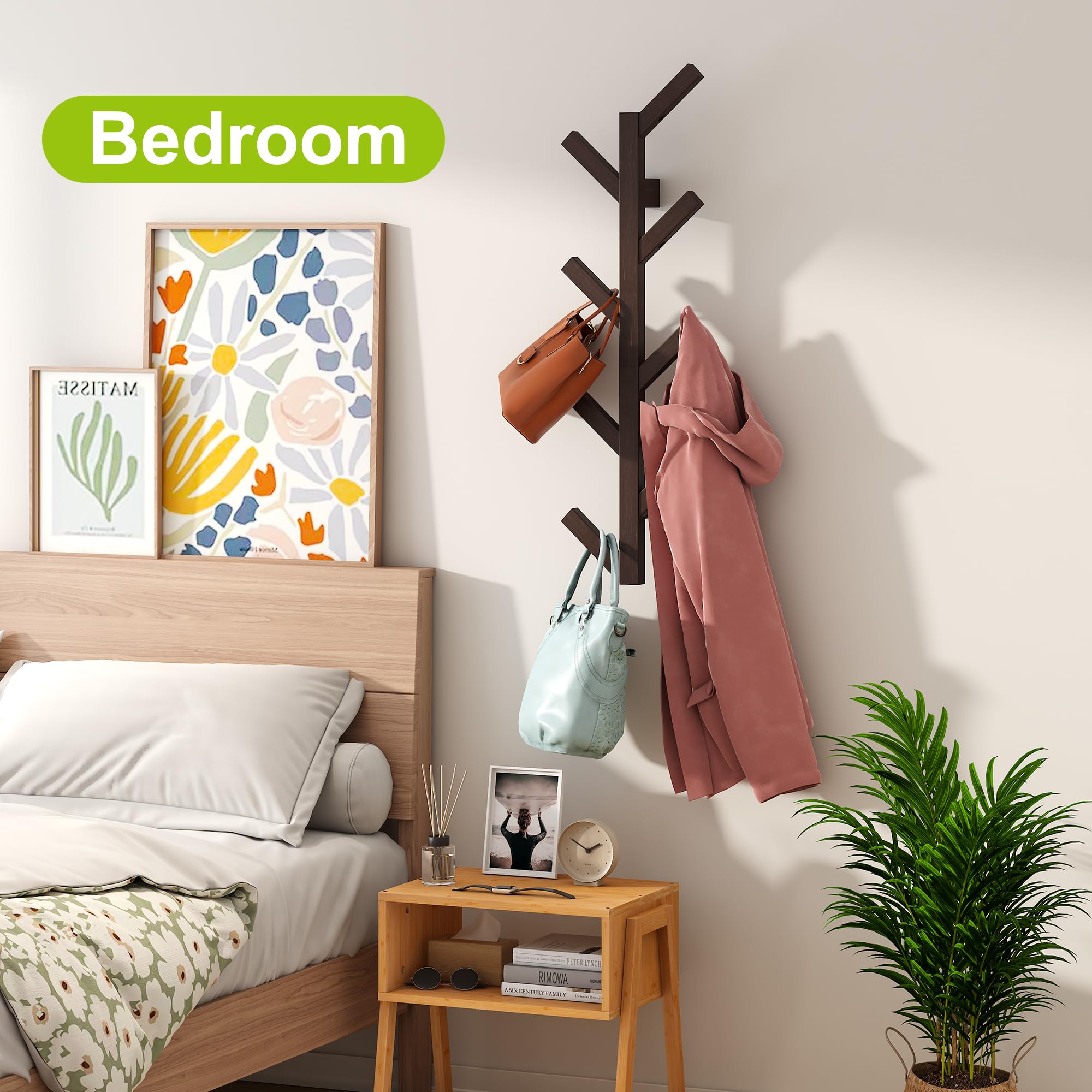 BMOSU Wall Mounted Coat Rack Coat Tree Hat Tree on The Wall with 8 Hooks Coat Rack for Hats Jackets Bags Scarves for Entrance Living Room(Black)(Brown)