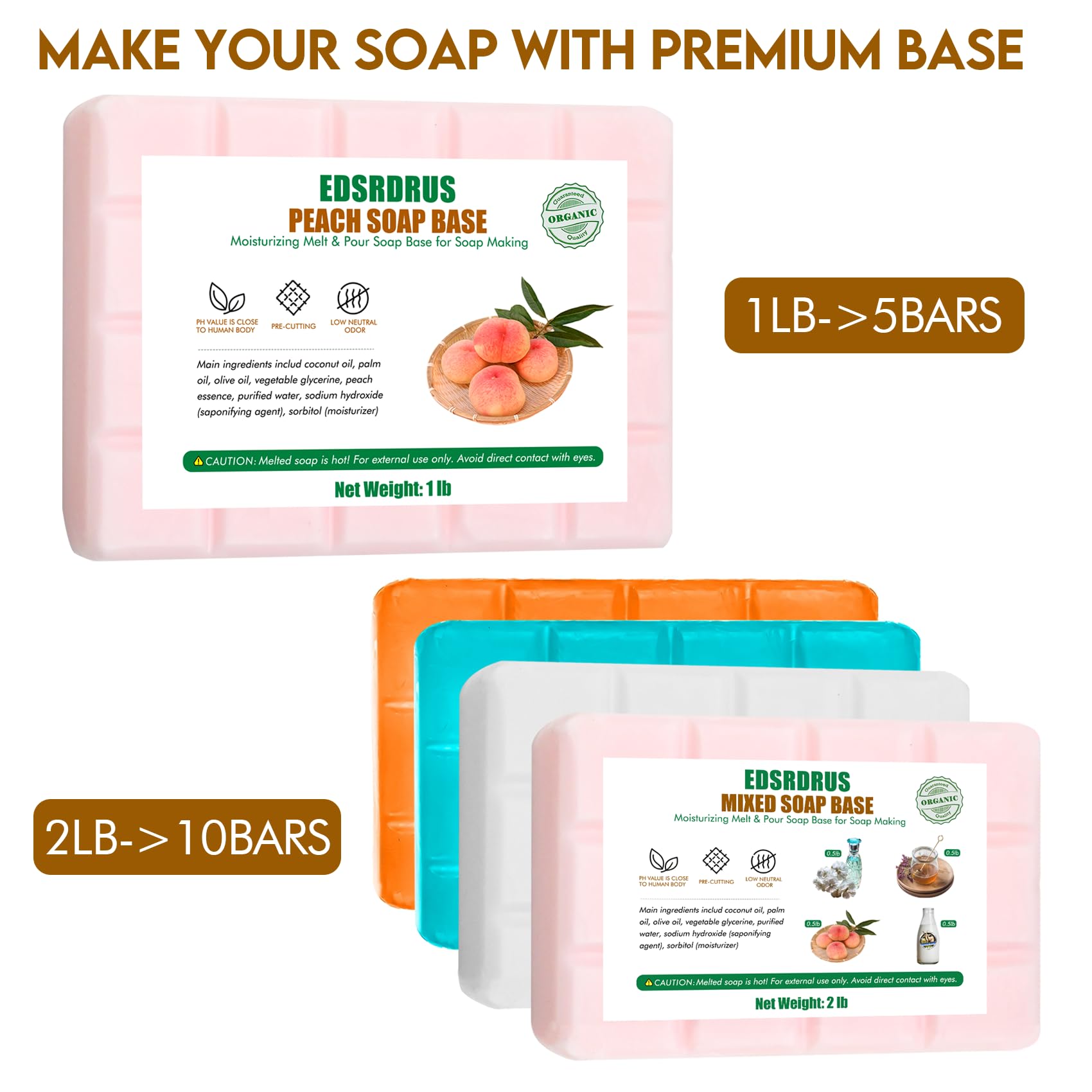 EDSRDRUS Scent Soap Base DIY Handmade Soap with Goat Milk/Honey/Peach/Cologne/Shea Butter/Aloe Vera/Oatmeal Milk & Coconut Oil, Moisturizing Melt and Pour Soap Base for Soap Making