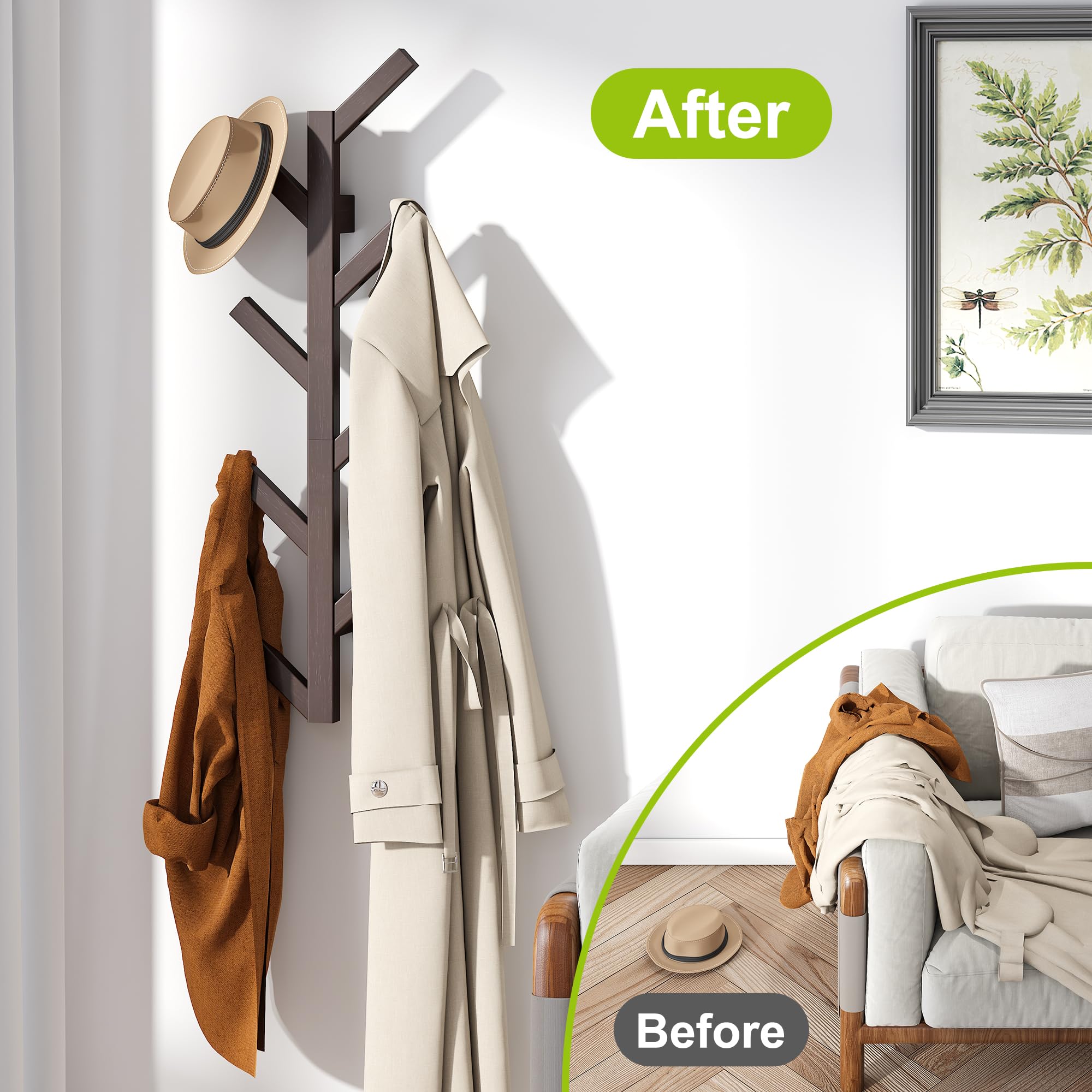 BMOSU Wall Mounted Coat Rack Coat Tree Hat Tree on The Wall with 8 Hooks Coat Rack for Hats Jackets Bags Scarves for Entrance Living Room(Black)(Brown)
