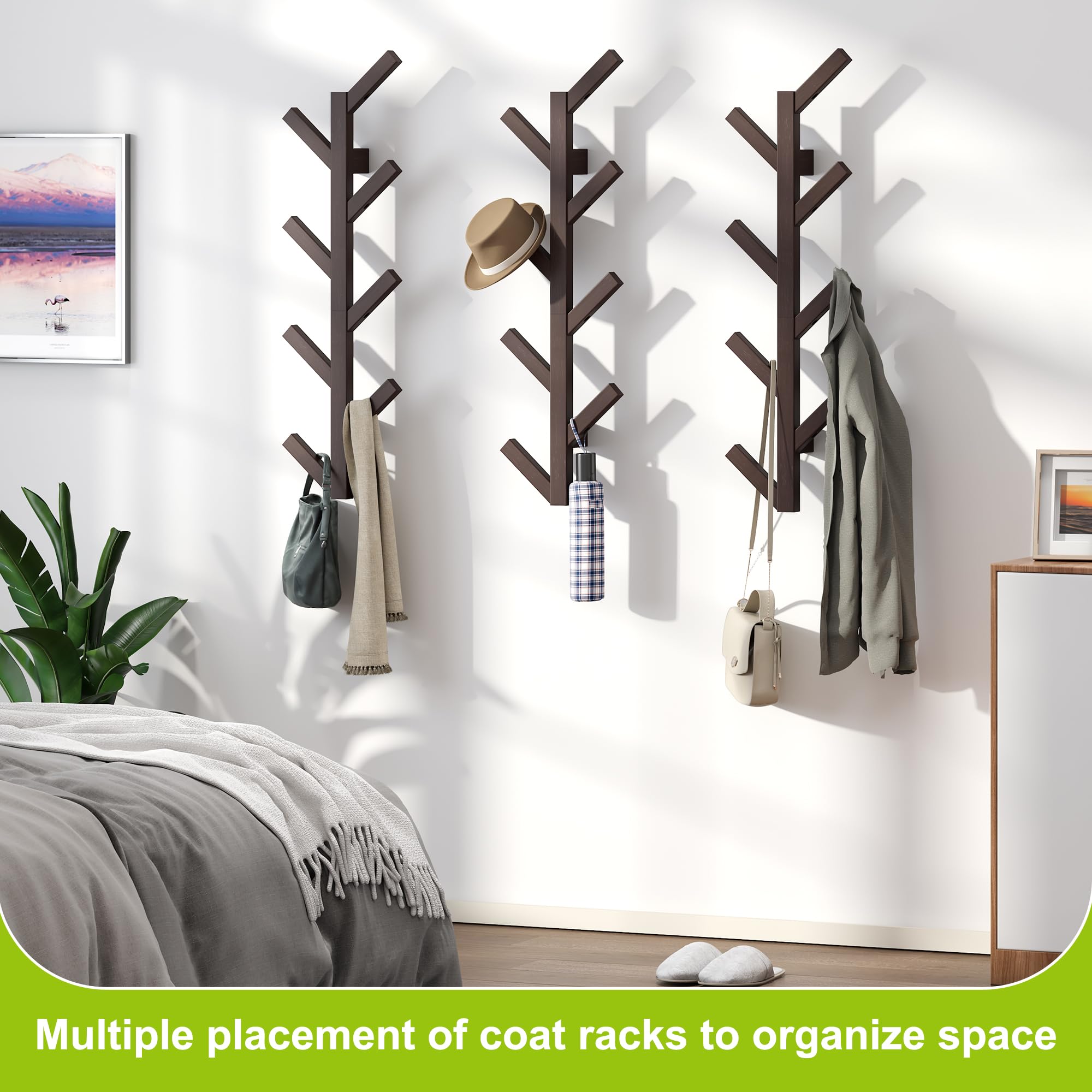 BMOSU Wall Mounted Coat Rack Coat Tree Hat Tree on The Wall with 8 Hooks Coat Rack for Hats Jackets Bags Scarves for Entrance Living Room(Black)(Brown)