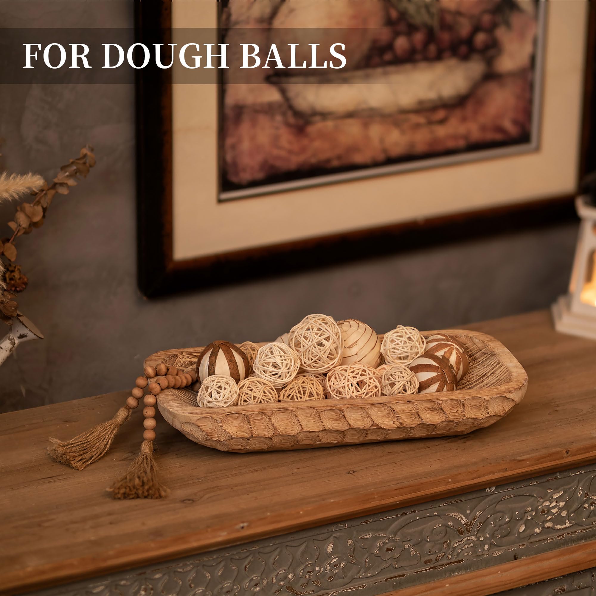 Hanobe Decorative Wood Dough Bowl: Wooden Table Centerpiece 16.5" Farmhouse Home Decor Tray Rustic Burnt Natural Decorations Holder for Candle Dining Room Kitchen Entryway Fireplace