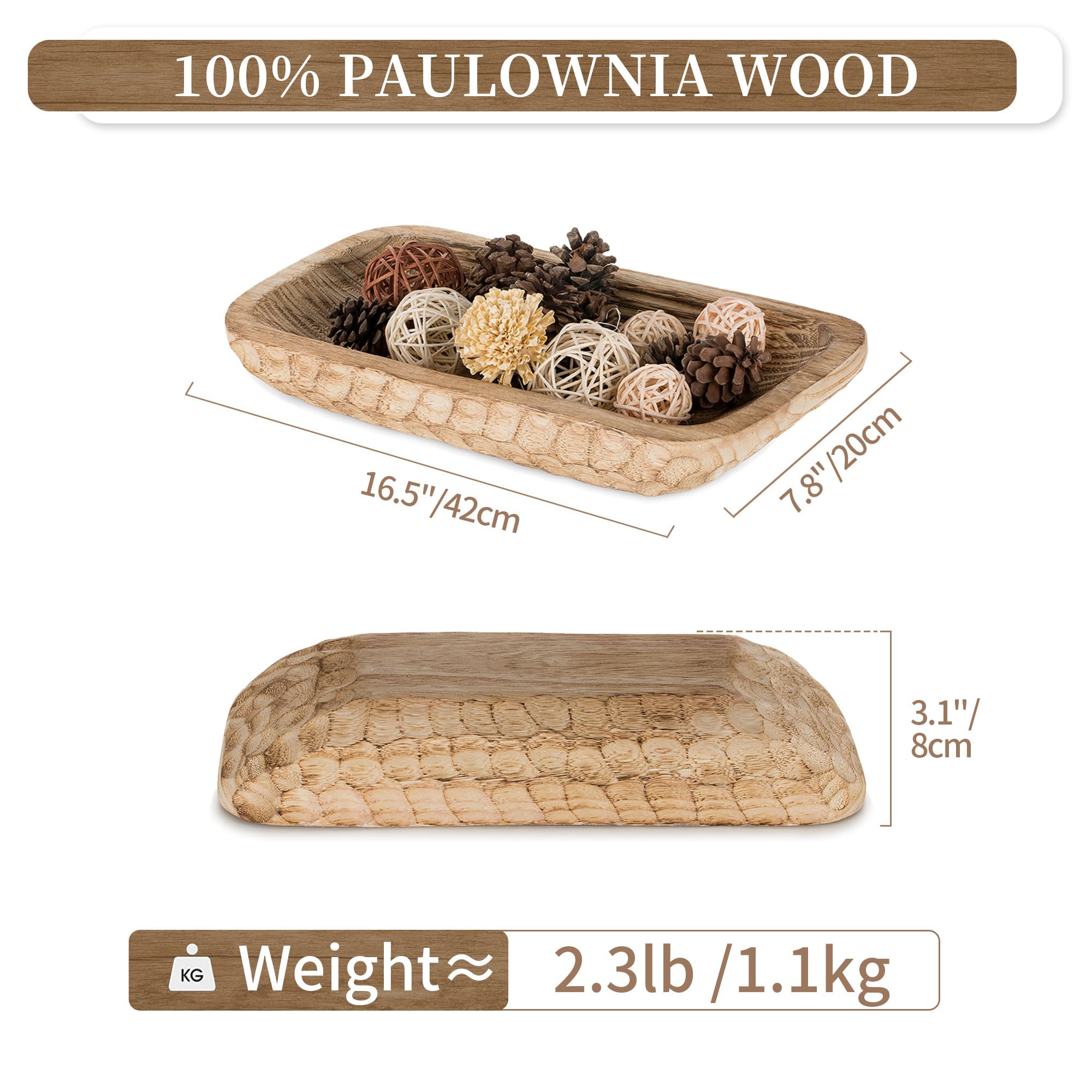 Hanobe Decorative Wood Dough Bowl: Wooden Table Centerpiece 16.5" Farmhouse Home Decor Tray Rustic Burnt Natural Decorations Holder for Candle Dining Room Kitchen Entryway Fireplace
