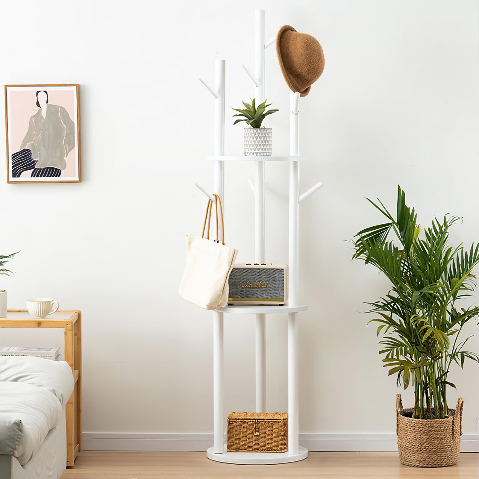 XIDIHF Freestanding Coat Rack with 9 Hooks & 3 Storage Shelves, Wooden Hat Rack Stand for Entryway, Hallway & Bedroom – Ideal for Hanging Clothes, Hats, Bags, Keys, White