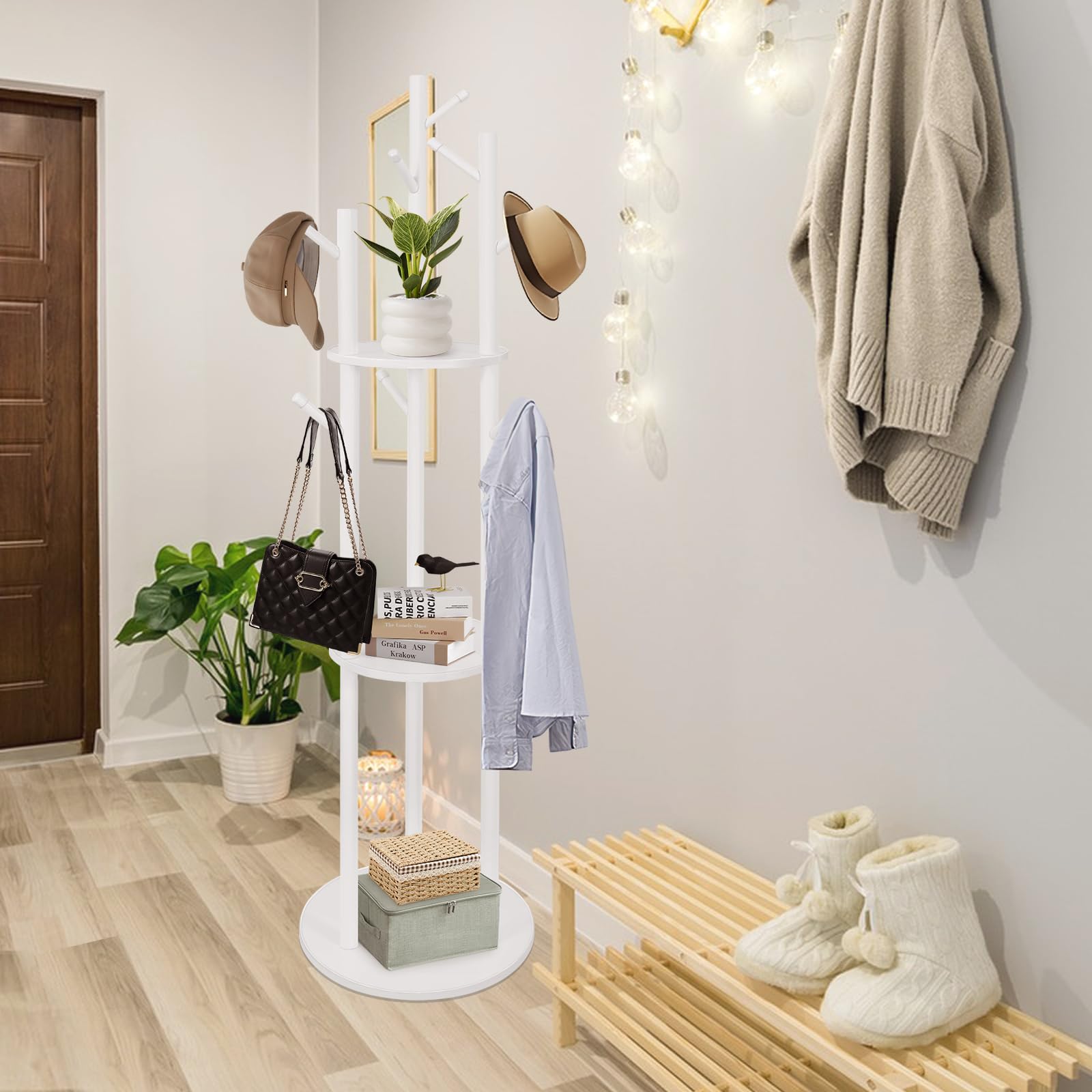 XIDIHF Freestanding Coat Rack with 9 Hooks & 3 Storage Shelves, Wooden Hat Rack Stand for Entryway, Hallway & Bedroom – Ideal for Hanging Clothes, Hats, Bags, Keys, White