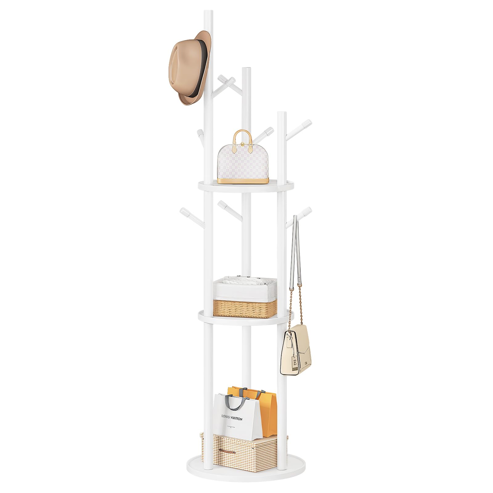 XIDIHF Freestanding Coat Rack with 9 Hooks & 3 Storage Shelves, Wooden Hat Rack Stand for Entryway, Hallway & Bedroom â Ideal for Hanging Clothes, Hats, Bags, Keys, White