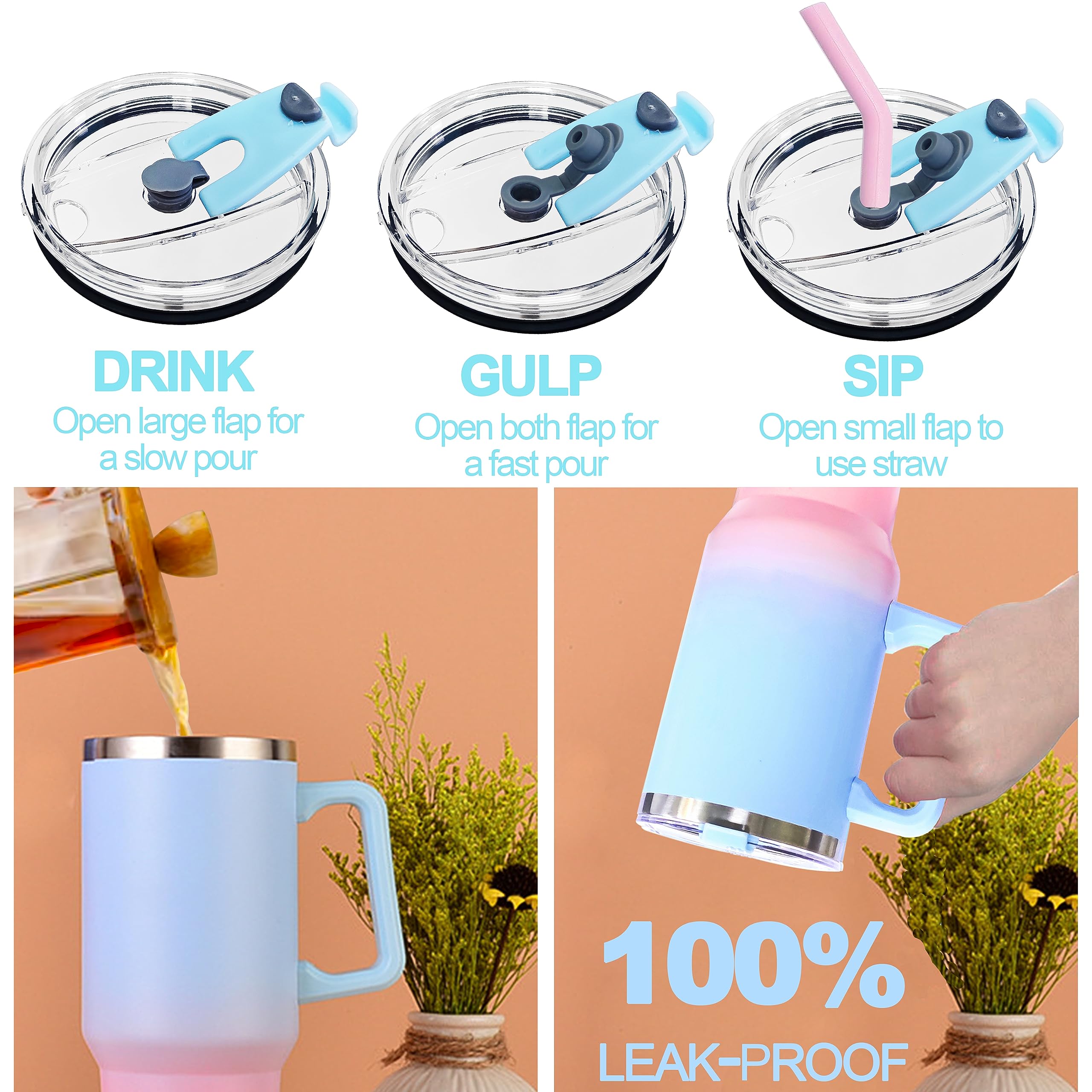40 oz Tumbler with Handle and Straw-Stainless Steel Insulated Tumbler with Straw, Water Bottle with Straw and Handle, Insulated Cup with Handle Keeps Cold for 34Hrs or Hot for 10Hrs(Pinkblue)