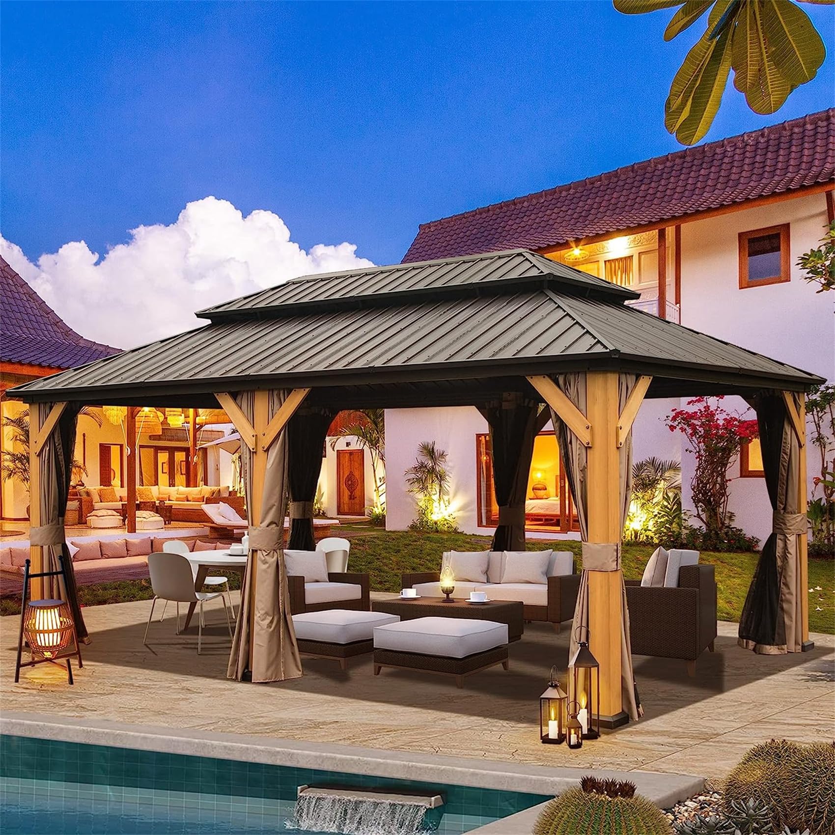 12'x20' Hardtop Gazebo with Cedar Wood Frame, Outdoor Wood Gazebo with Galvanized Steel Double Roof, Permanent Metal Roof Gazebo with Curtains and Netting for Patio, Backyard and Lawn(Brown)