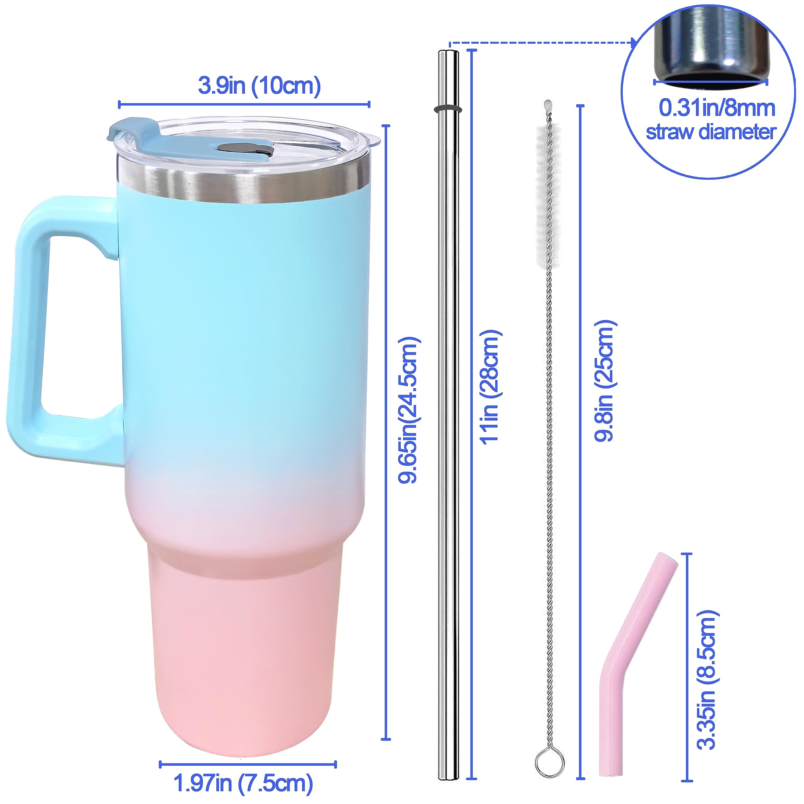 40 oz Tumbler with Handle and Straw-Stainless Steel Insulated Tumbler with Straw, Water Bottle with Straw and Handle, Insulated Cup with Handle Keeps Cold for 34Hrs or Hot for 10Hrs(Pinkblue)