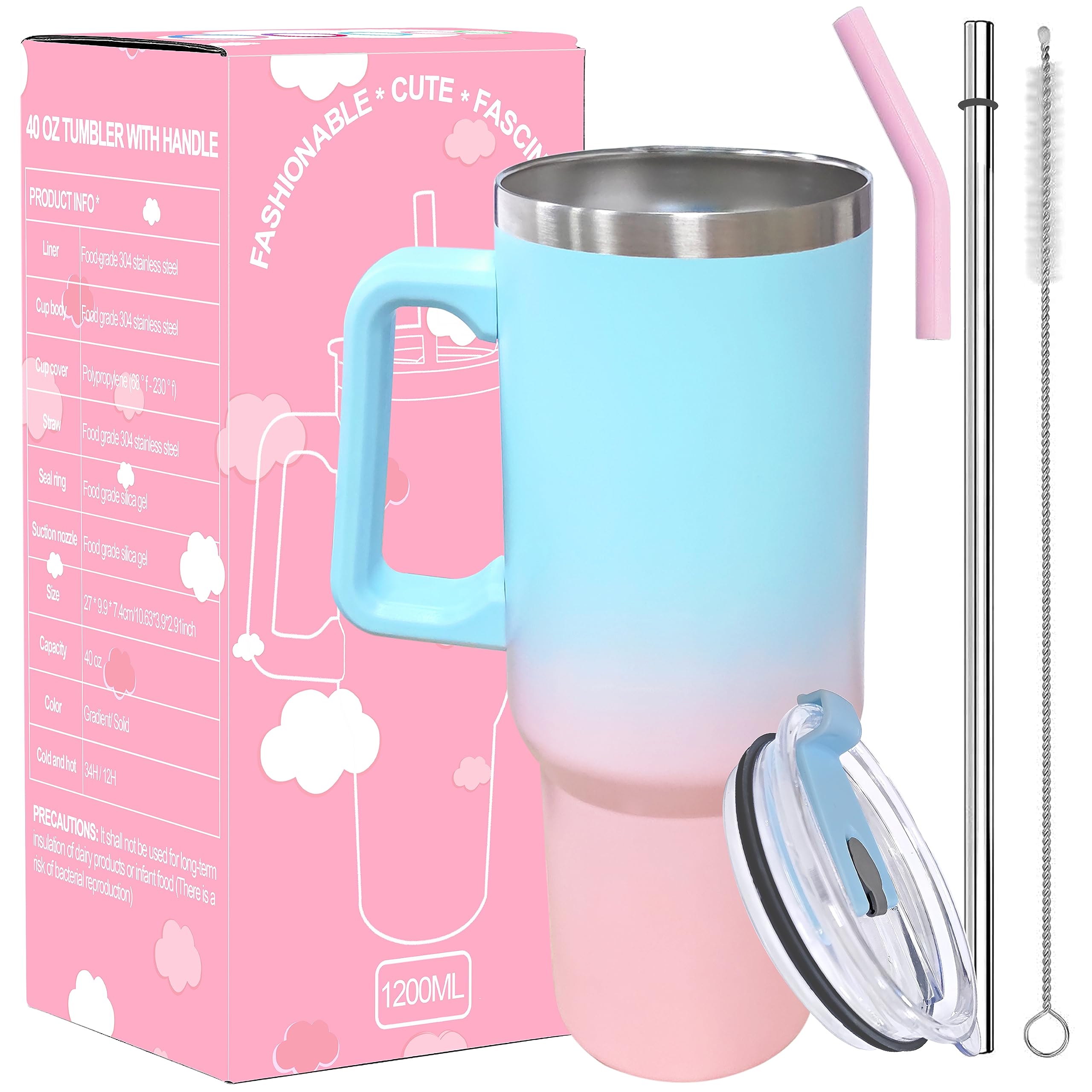 40 oz Tumbler with Handle and Straw-Stainless Steel Insulated Tumbler with Straw, Water Bottle with Straw and Handle, Insulated Cup with Handle Keeps Cold for 34Hrs or Hot for 10Hrs(Pinkblue)