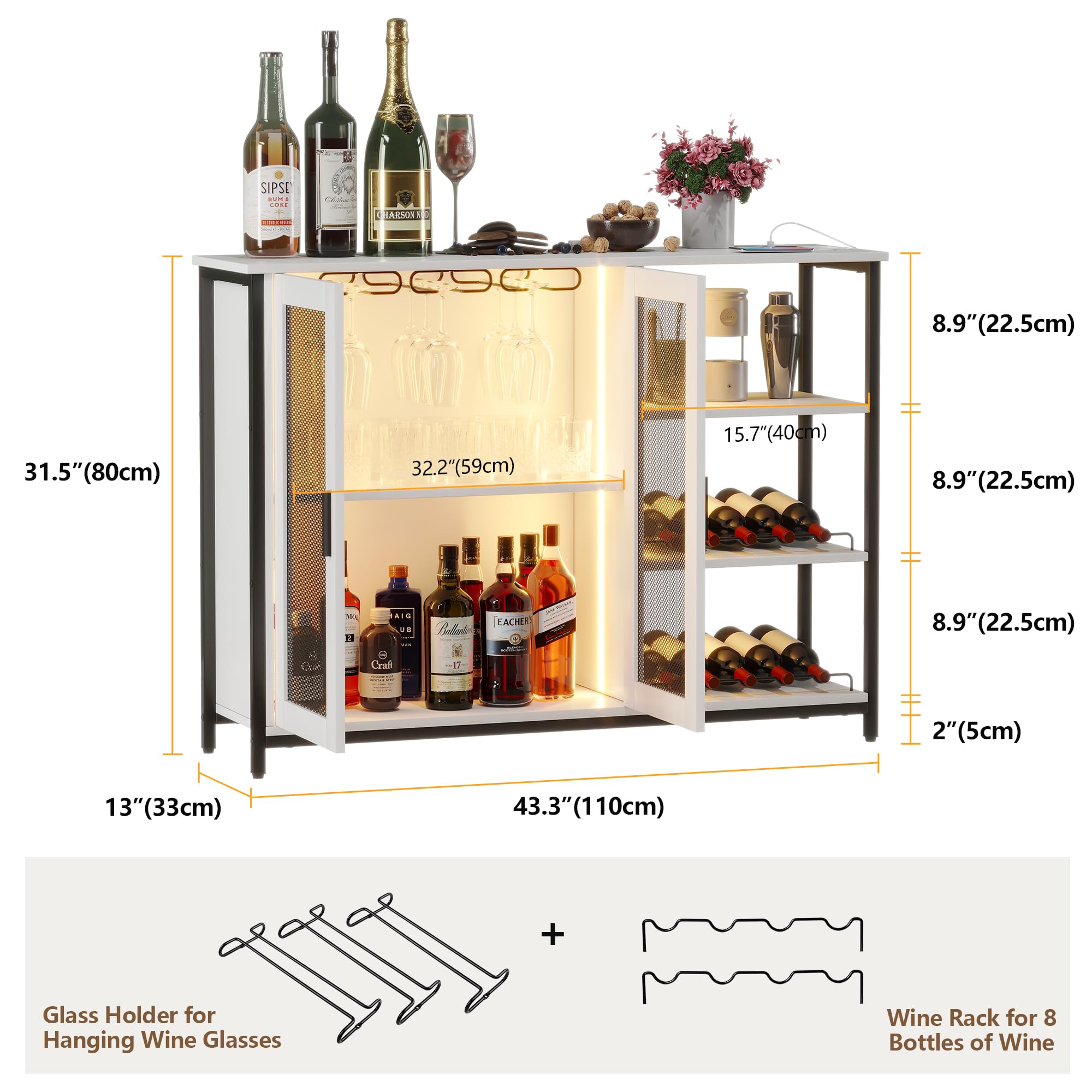 LVSOMT LED Farmhouse Coffee Bar Cabinet, Wine Cabinets with Removable Wine Rack, Buffet Cabinet with Motion Sensor for Kitchen, Dining Room (Pure White-43.3''L)