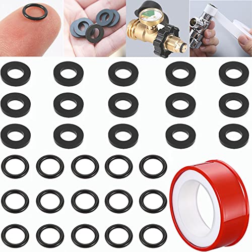 VkerQerd 30Pcs Propane Tank Gasket & O-Rings with 1Roll PTFE Thread Seal Tapes, 0.59in Propane O-Ring Adapter & 0.73 Inch Propane Pipe Hose Seal Rings Gasket for Propane Tank Cylinder POL Connector