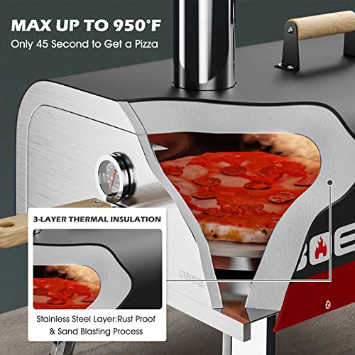Pizza Oven Outdoor,13" Multi-Fuel Rotatable Pizza Ovens,Portable Wood Fired and Gas Pizza Oven,Stainless Steel 3-Layer Oven,Pizza Maker with Built-in Thermometer,Pizza Cutter & Carry Bag