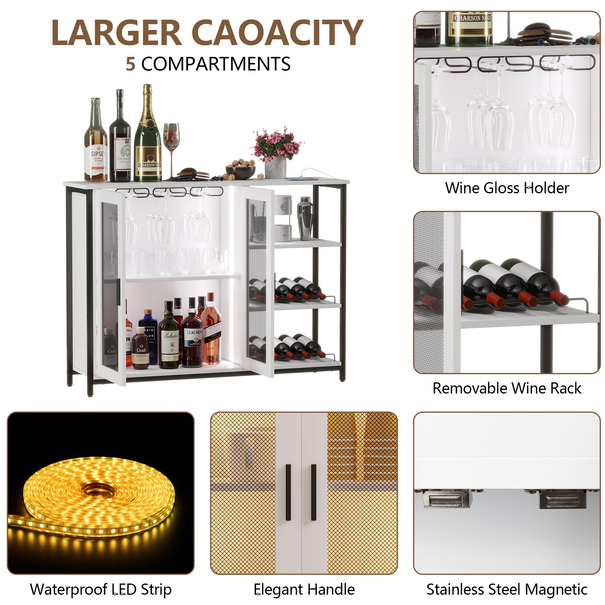 LVSOMT LED Farmhouse Coffee Bar Cabinet, Wine Cabinets with Removable Wine Rack, Buffet Cabinet with Motion Sensor for Kitchen, Dining Room (Pure White-43.3''L)