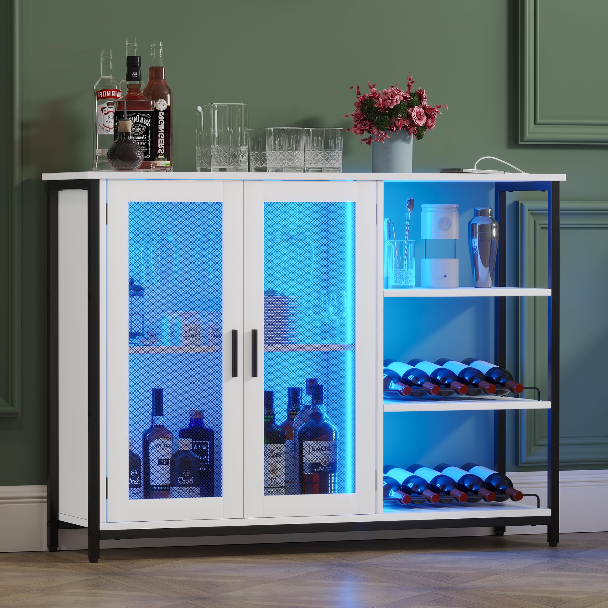 LVSOMT LED Farmhouse Coffee Bar Cabinet, Wine Cabinets with Removable Wine Rack, Buffet Cabinet with Motion Sensor for Kitchen, Dining Room (Pure White-43.3''L)