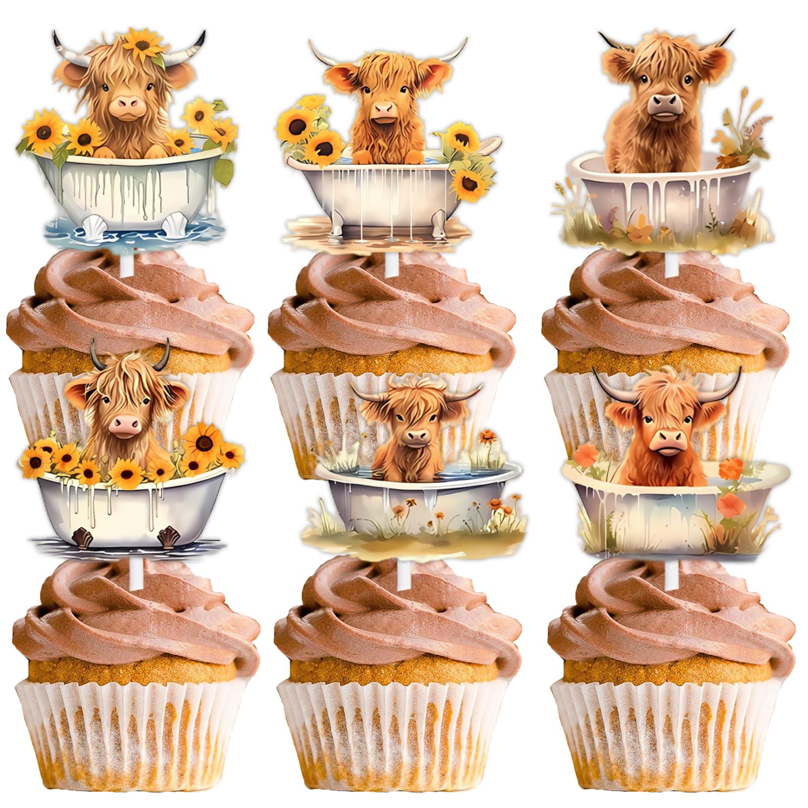 18pcs Brown Glitter Highland Cow Dessert Cupcake Topper Pick for Country Western Bull Riding Bull Rider Competition Theme Decor Supplies Baby Shower Boys Girls Birthday Party Decorations