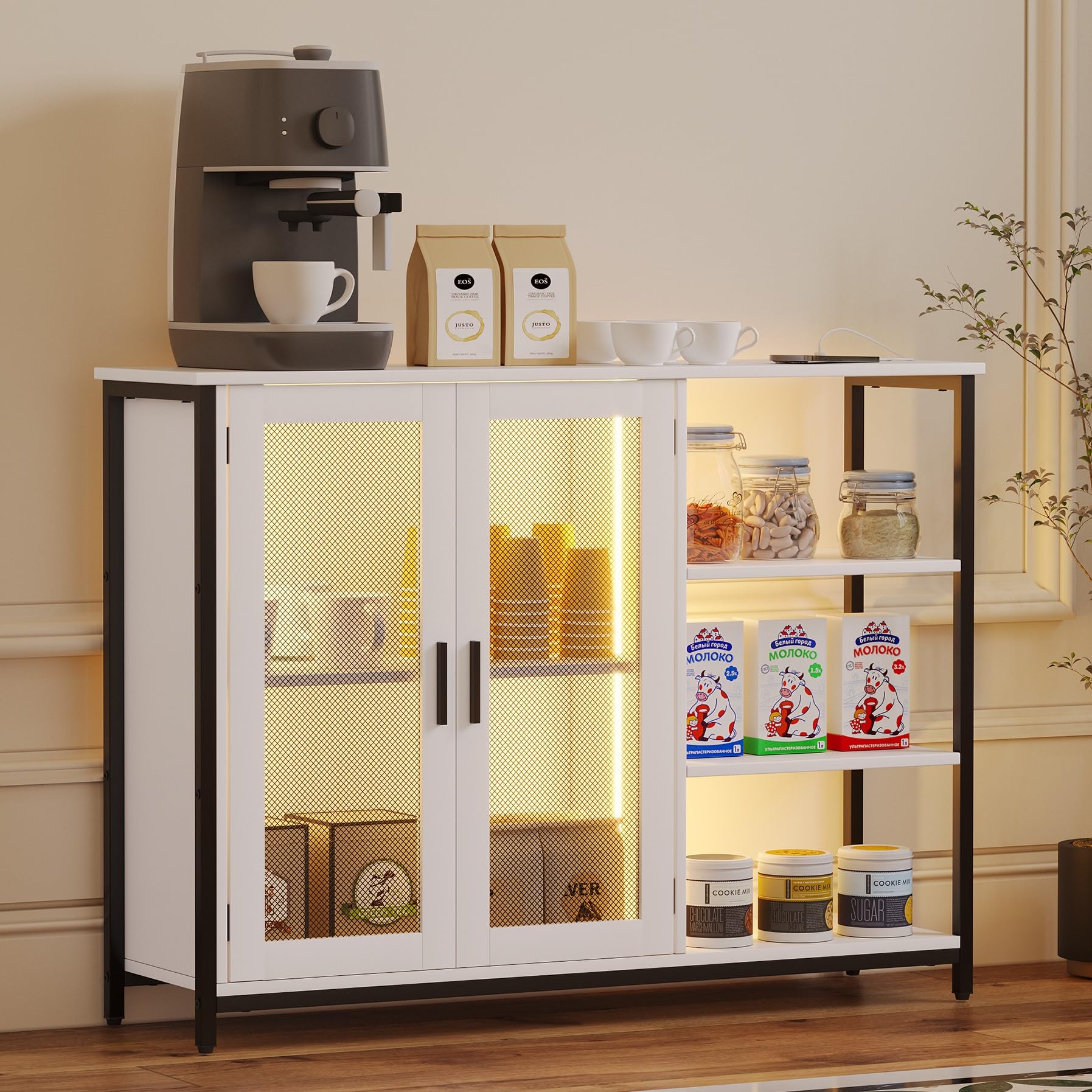 LVSOMT LED Farmhouse Coffee Bar Cabinet, Wine Cabinets with Removable Wine Rack, Buffet Cabinet with Motion Sensor for Kitchen, Dining Room (Pure White-43.3''L)