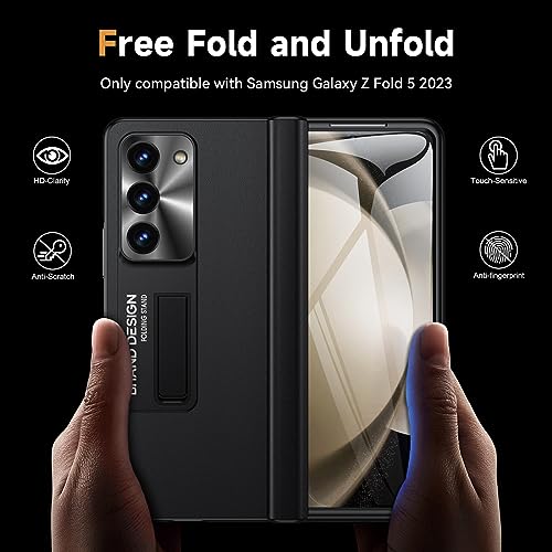 for Samsung Z-Fold-5 Case: Genuine Leather Galaxy Fold 5 Kickstand Case [Hinge Protection][Screen Protector] Skin Felling- Durable Shockproof Protective Phone Cover for Galaxy Fold 5 2023