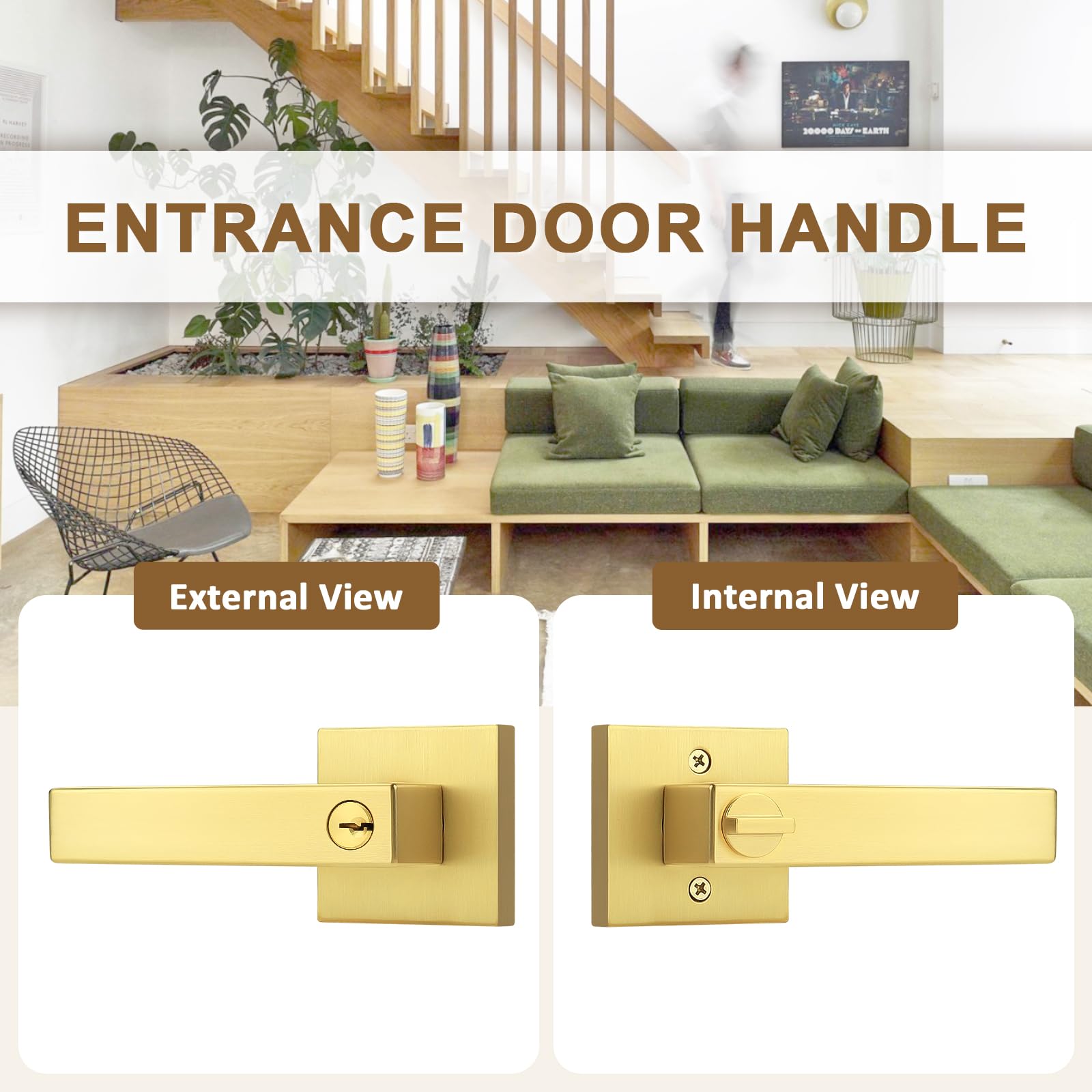 Probrico 2 Pack Gold Entry Door Lever Lock,Antique Brass Heavy Duty Interior Front Door Handles with Key, Entrance Exterior Lockset Each with 3 Different Keys