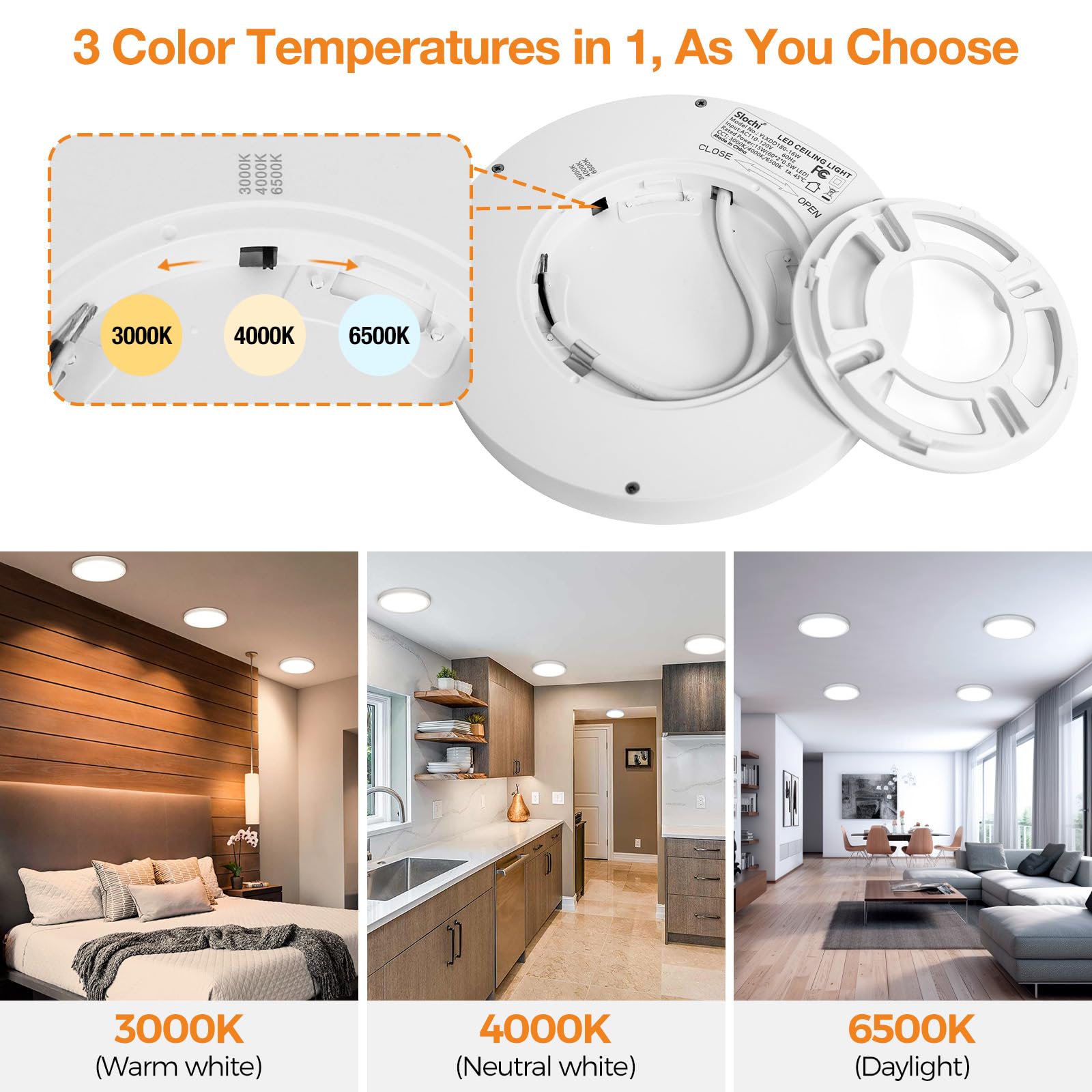 slochi 1PACK LED Flush Mount Ceiling Light Fixture, 3000K-4000K-6500K & 100W Equivalent Modern Kitchen Recessed Lamp 15W 1500Lm 7.5 Inch Closet Round Surface for Bathroom, White (TJN-CL25A-Parent)