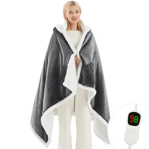 PLOATH Heated Electric Blanket Shawl: Heating Throw Heated Poncho - Wearable Blanket Hoodie Sherpa with 10 Heating Levels & Multi Heating Time Settings (40x70'' Medium Grey)