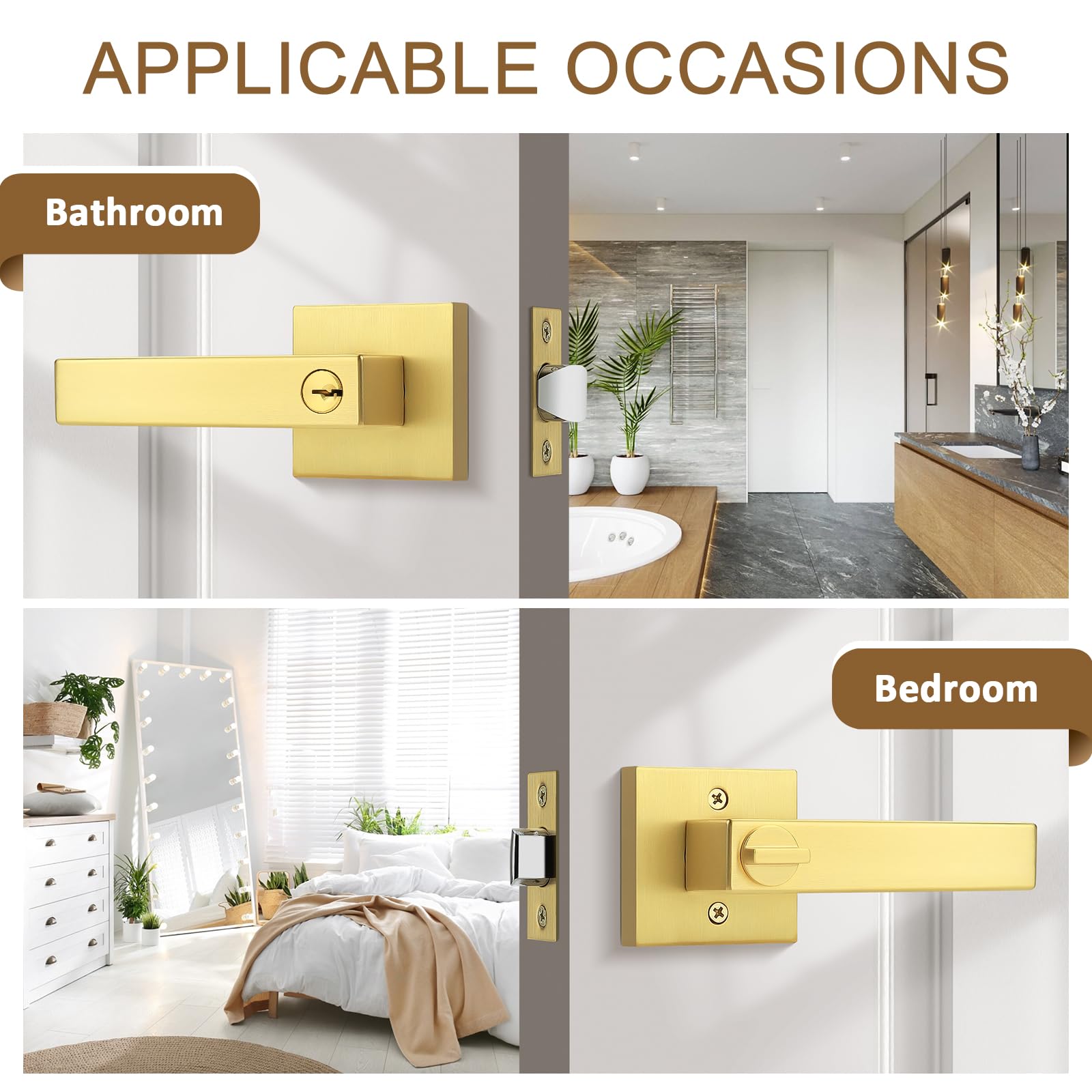 Probrico 2 Pack Gold Entry Door Lever Lock,Antique Brass Heavy Duty Interior Front Door Handles with Key, Entrance Exterior Lockset Each with 3 Different Keys
