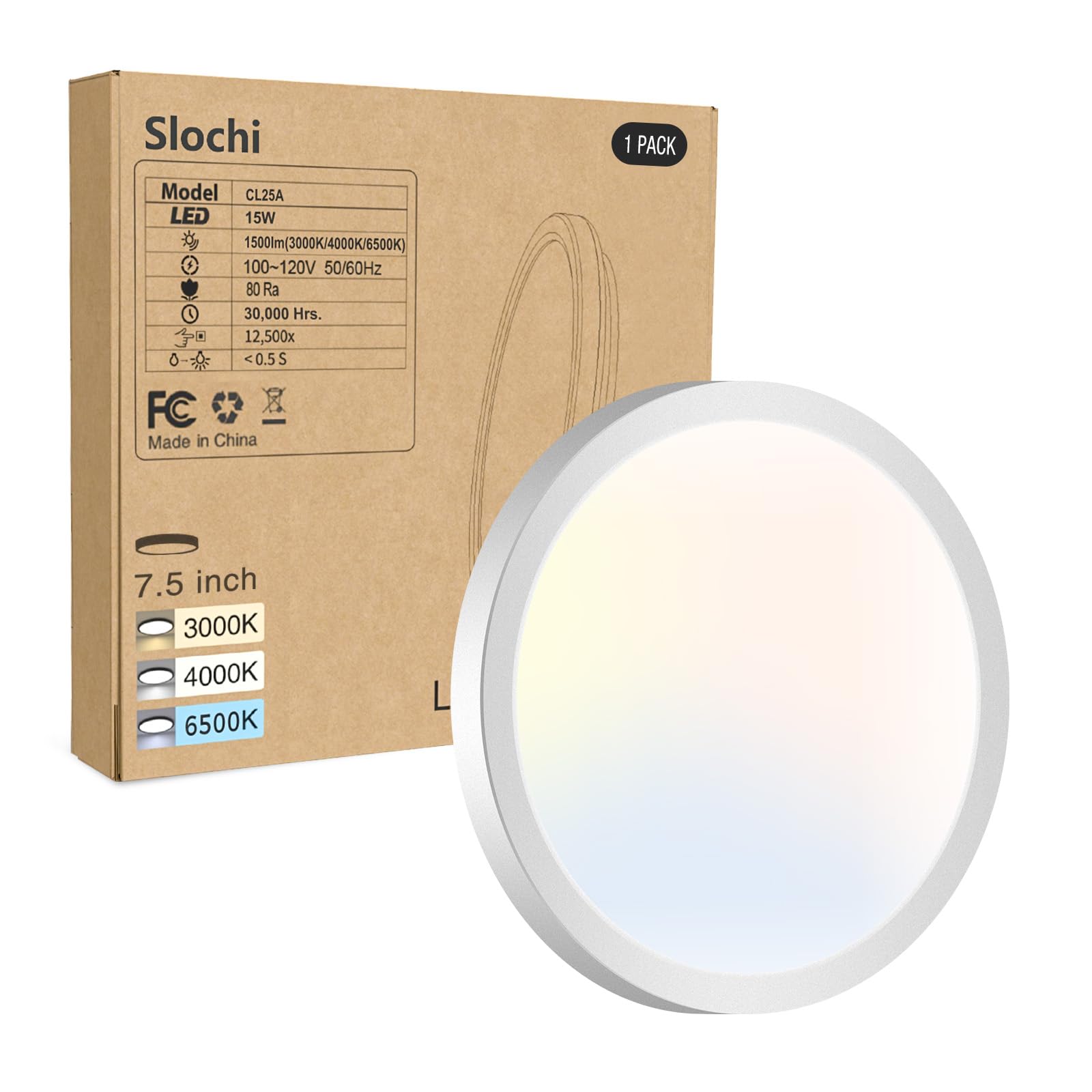 slochi 1PACK LED Flush Mount Ceiling Light Fixture, 3000K-4000K-6500K & 100W Equivalent Modern Kitchen Recessed Lamp 15W 1500Lm 7.5 Inch Closet Round Surface for Bathroom, White (TJN-CL25A-Parent)