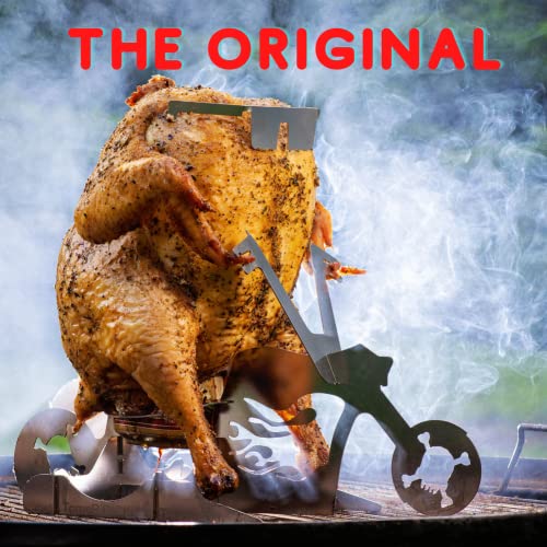Flaming Bike Beer Can Chicken Stand! Beer chicken roaster; Stainless steel Chicken roasting rack for BBQ, Grill, oven; Great Gift! Stores flat--Space Saver! Includes SUNGLASSESā¦for the Chicken!