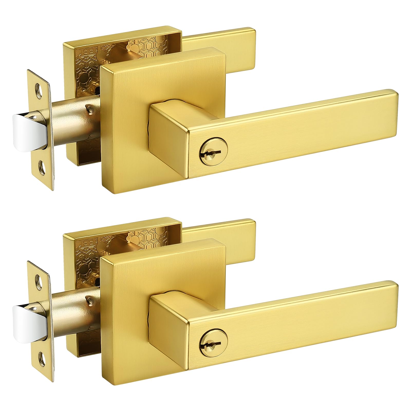 Probrico 2 Pack Gold Entry Door Lever Lock,Antique Brass Heavy Duty Interior Front Door Handles with Key, Entrance Exterior Lockset Each with 3 Different Keys