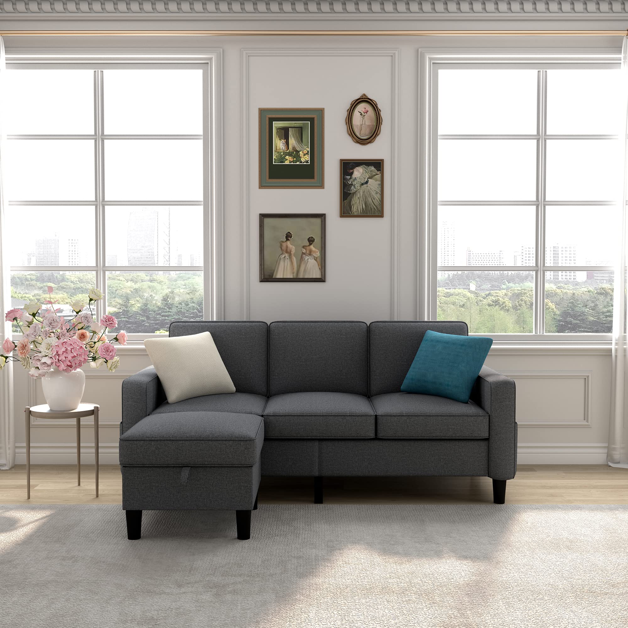 Yattem Convertible Sectional Sofa Couch, 3Seat L-Shaped Sectional Sofa Couch,Dark Gray Linen Sofa Furniture Sets with Reversible Storage Ottoman & Storage Pockets for Living Room Apartment Small Space