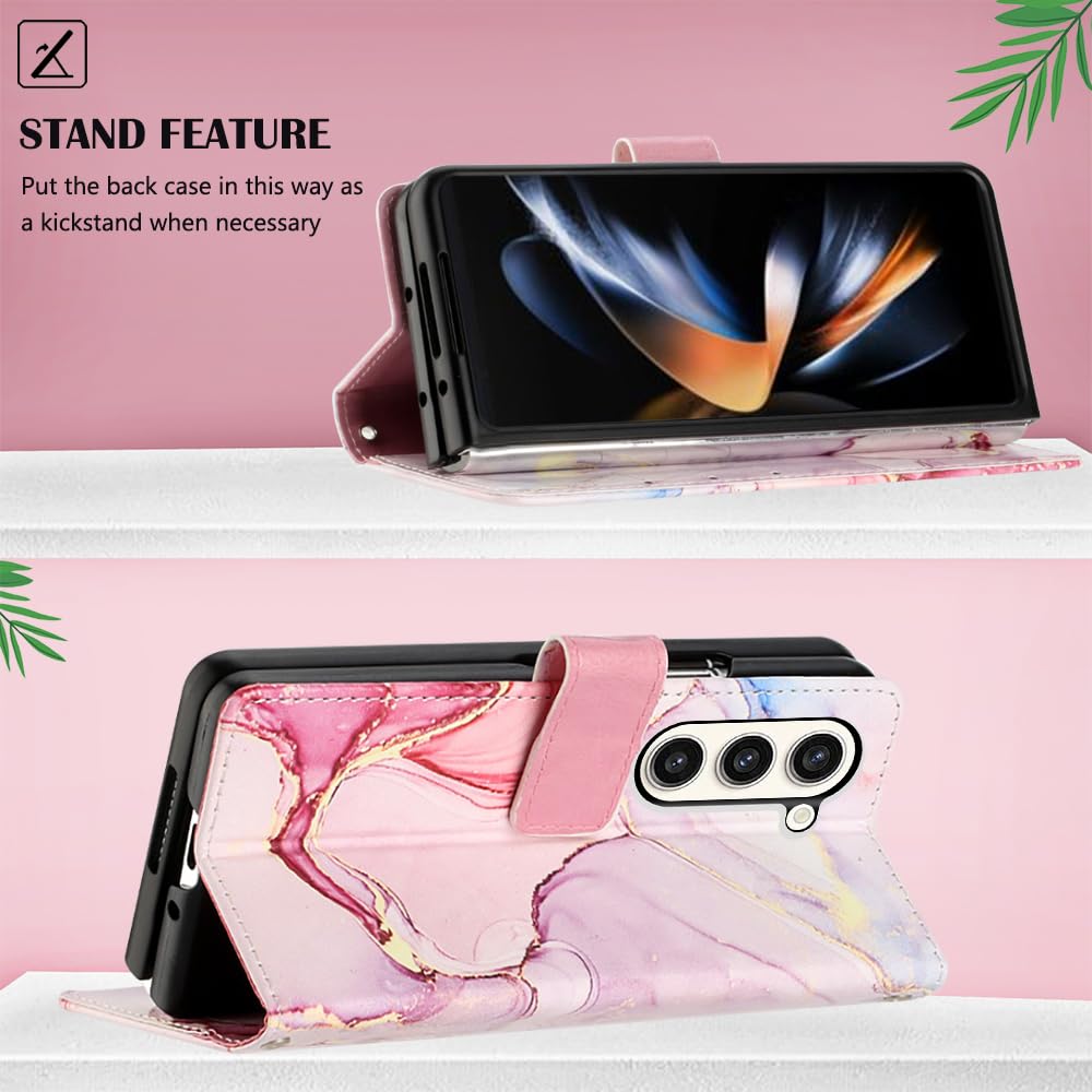 COTDINFOR Case for Samsung Galaxy Z Fold 5 Wallet Case for Women, Galaxy Z Fold 5 Case with Card Holder Luxury Leather with Kickstand Protective Case for Samsung Galaxy Z Fold 5 5G Marble Rose Gold
