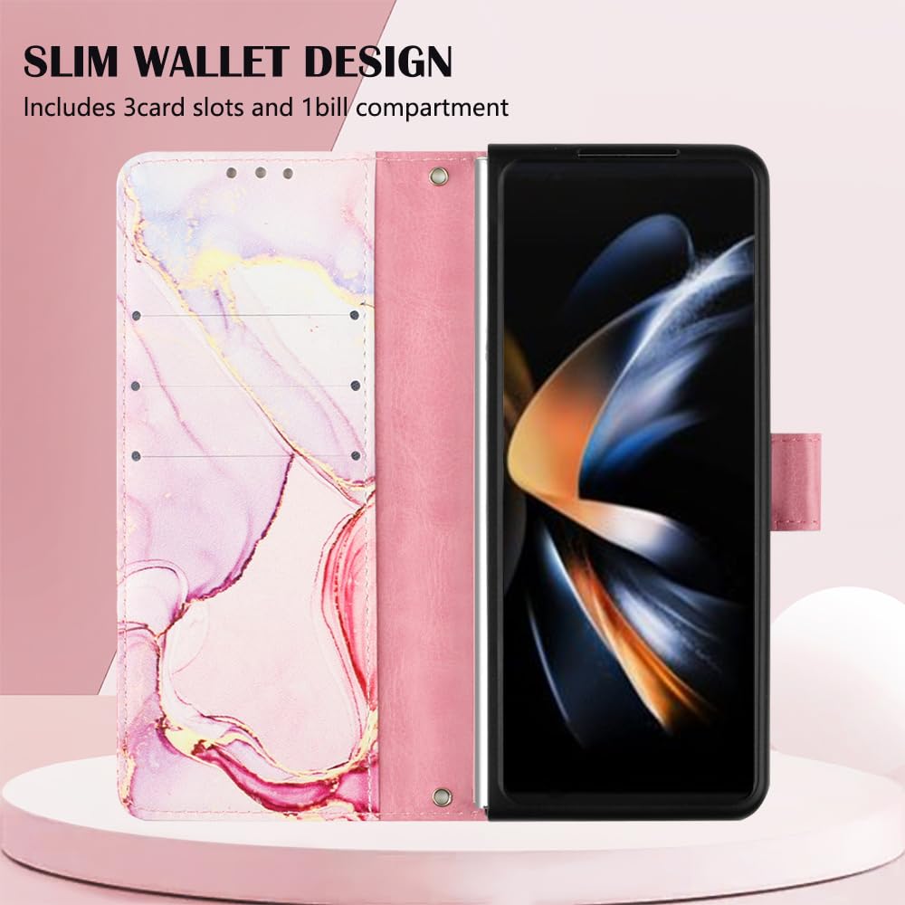 COTDINFOR Case for Samsung Galaxy Z Fold 5 Wallet Case for Women, Galaxy Z Fold 5 Case with Card Holder Luxury Leather with Kickstand Protective Case for Samsung Galaxy Z Fold 5 5G Marble Rose Gold