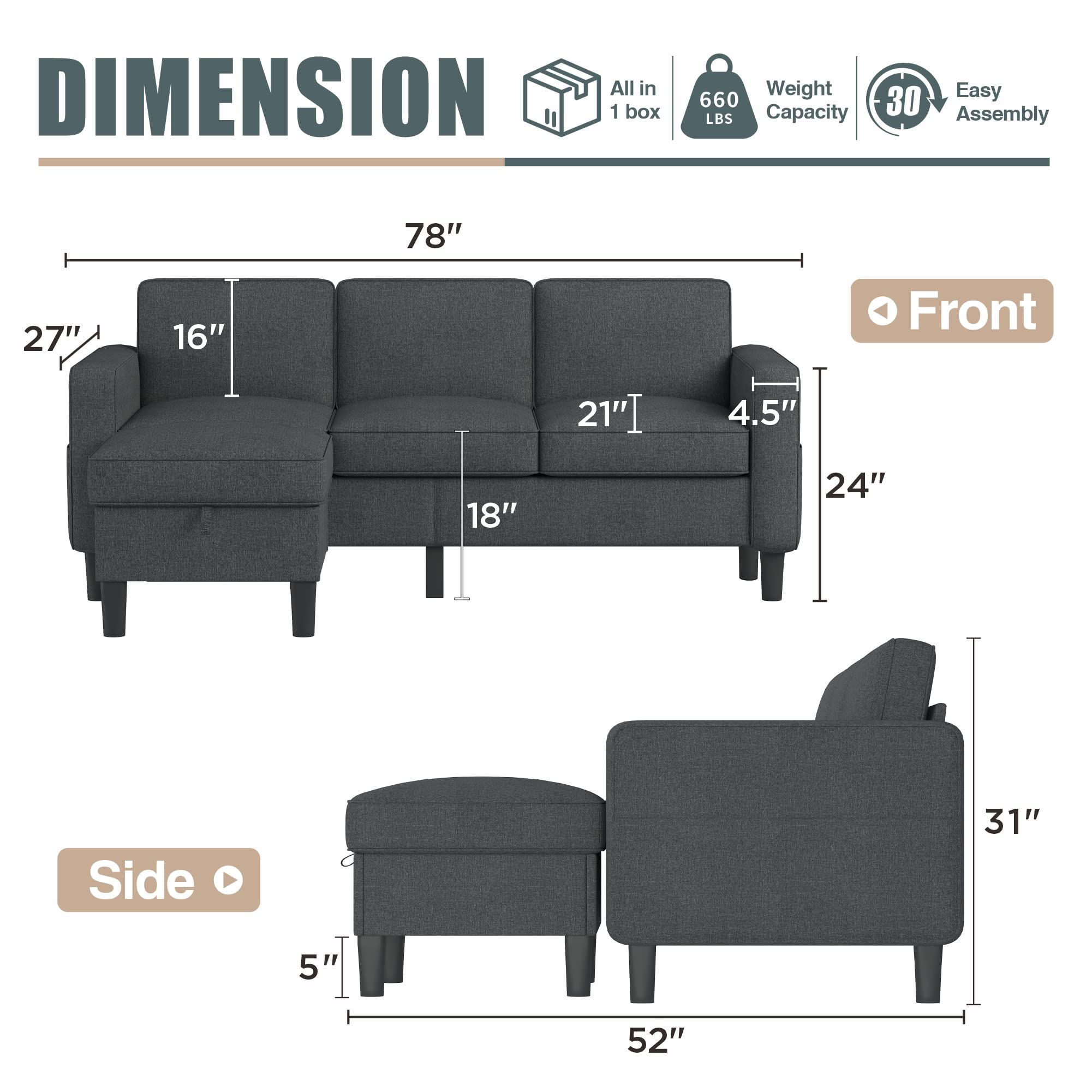 Yattem Convertible Sectional Sofa Couch, 3Seat L-Shaped Sectional Sofa Couch,Dark Gray Linen Sofa Furniture Sets with Reversible Storage Ottoman & Storage Pockets for Living Room Apartment Small Space