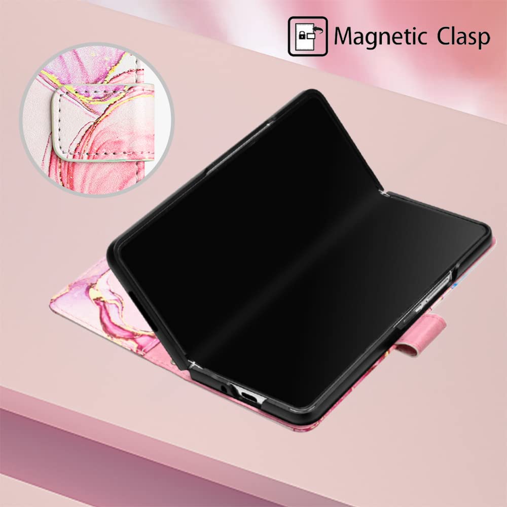 COTDINFOR Case for Samsung Galaxy Z Fold 5 Wallet Case for Women, Galaxy Z Fold 5 Case with Card Holder Luxury Leather with Kickstand Protective Case for Samsung Galaxy Z Fold 5 5G Marble Rose Gold