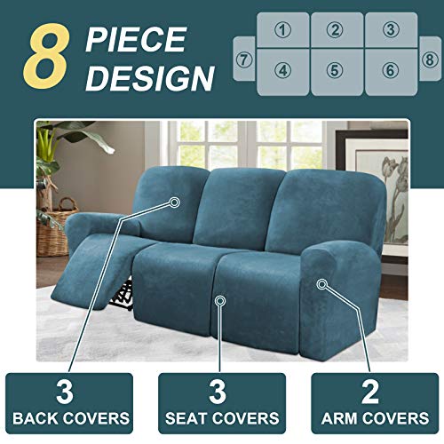 Esaytool Recliner Sofa Covers,Stretch Reclining Couch Covers for 1/2/3 Seat,Reclining Slipcovers Soft Furniture Protector Thick Soft Washable Reclining Sofa Slipcovers (Peacock Blue, Three Seat)