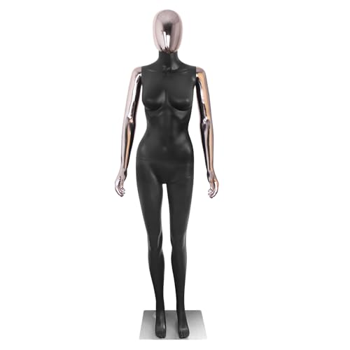 Female Mannequin Black Dress Form Full Body Manikin Body 70 Inches Adjustable Maniquins Dress Model Plastic Detachable Manequins Stand Metal Base Metal Connector, Rose Gold Head and Hands