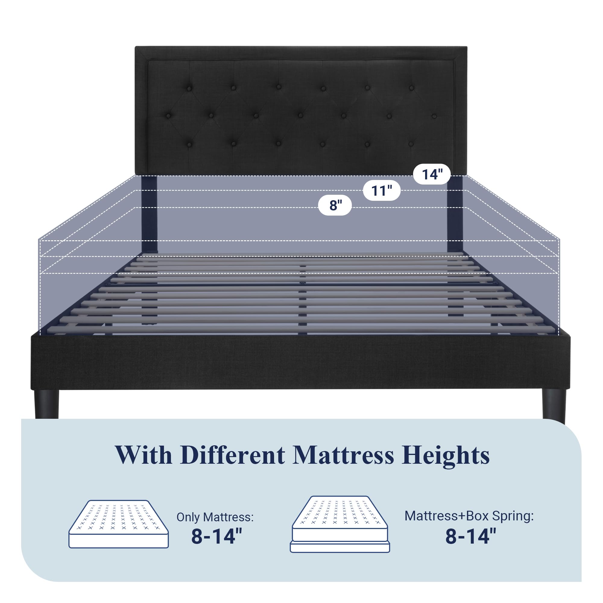 Allewie Full Size Upholstered Platform Bed Frame with Adjustable Headboard, Button Tufted, Wood Slat Support, Easy Assembly, Black