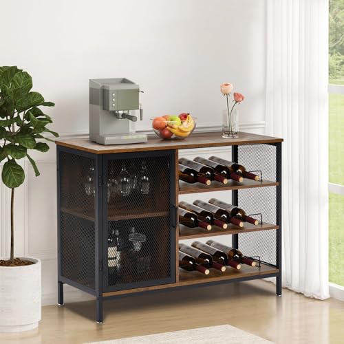 GAOMON Wine Bar Cabinet, FreeStanding Wine Rack Table, Liquor Cabinet with Glass Holder, Floor Bar Cabinet for Liquor and Glasses for Home Kitchen Dining Room