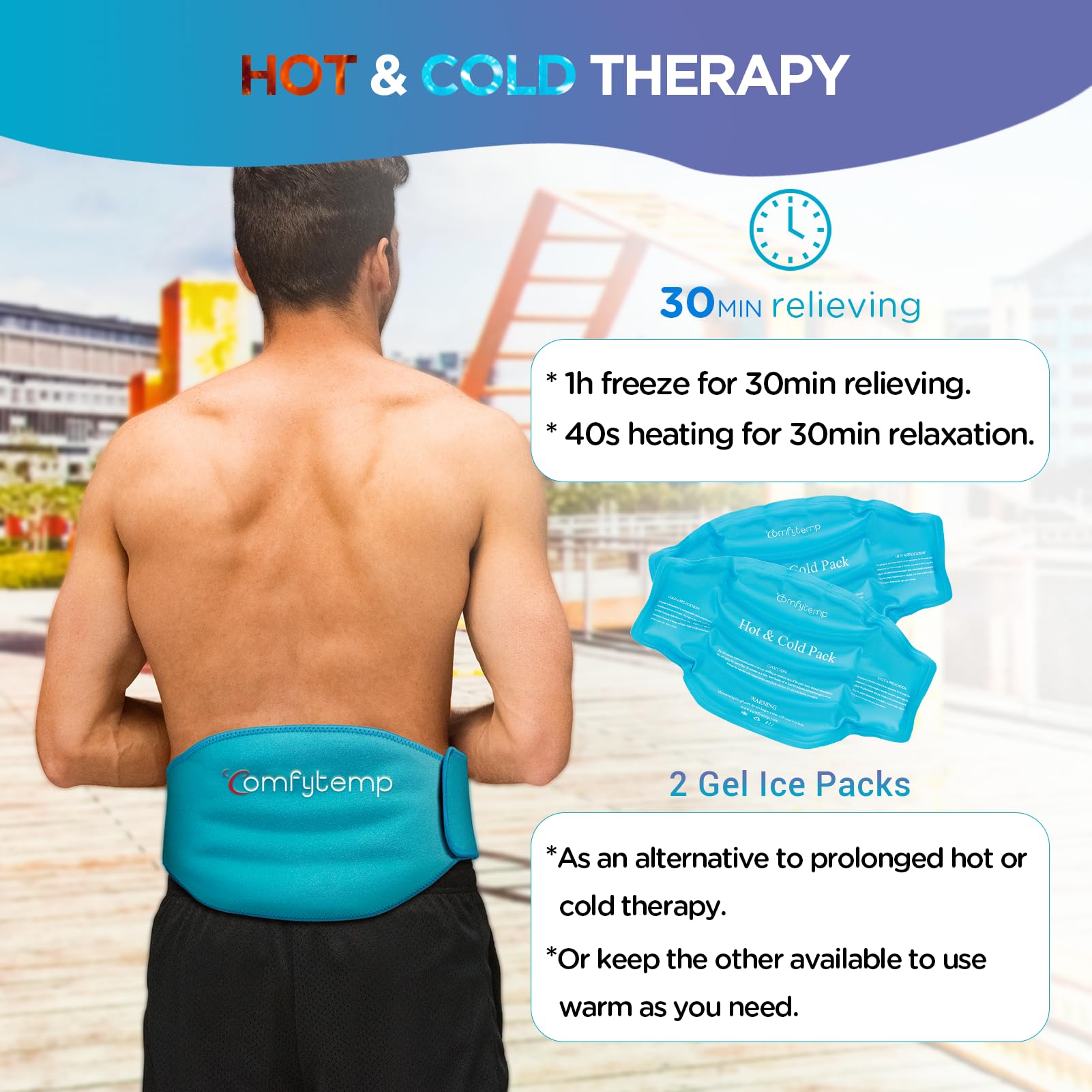 Comfytemp Ice Pack for Back Pain Relief, 2 Packs, FSA HSA Approved, Reusable Gel Lower Back Wrap Ice Brace for Sciatica Injuries, Hot Cold Compression for Lower Lumbar, Waist, Men Women Surgery Gifts