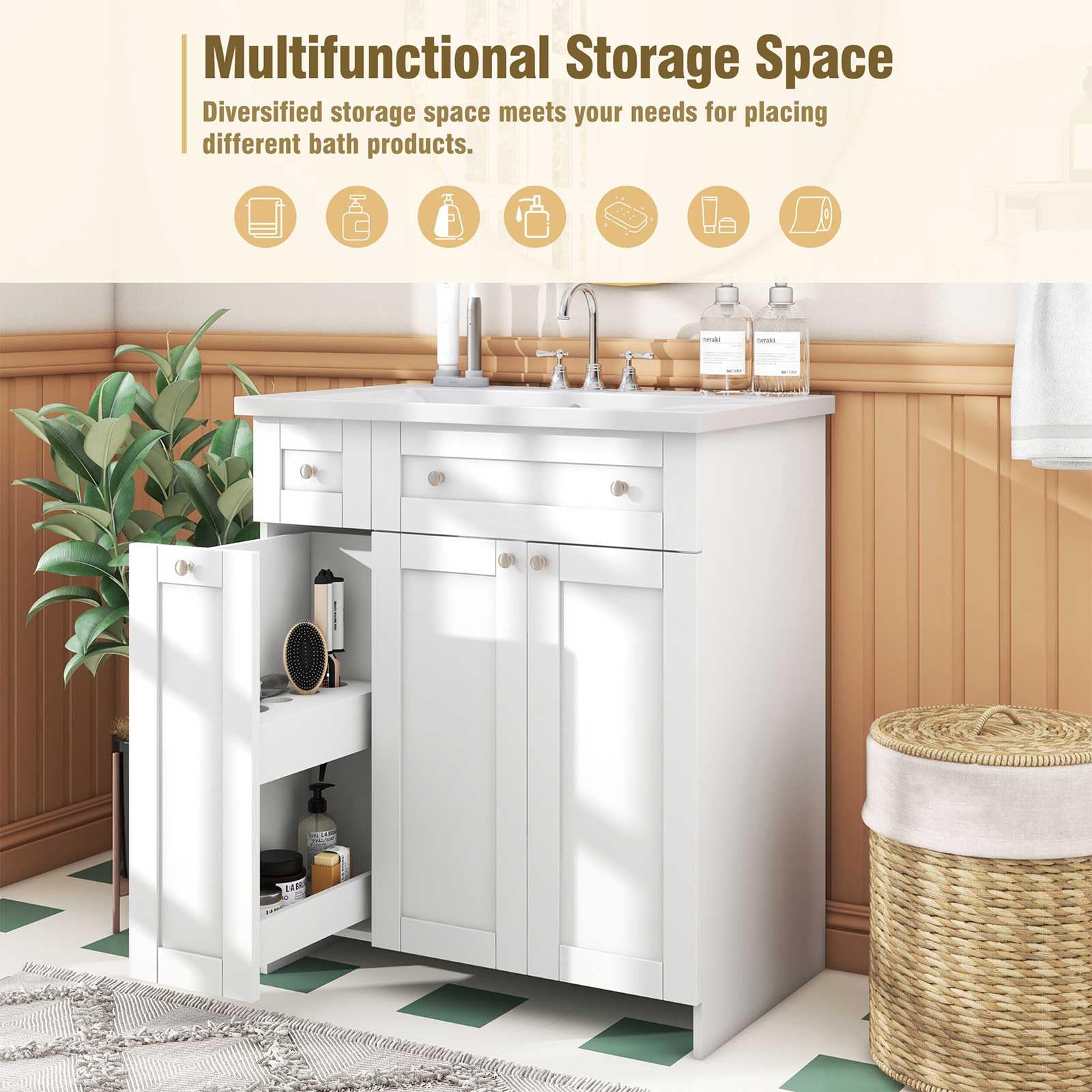 Appot AT-SV000002AAK Bathroom Vanity with Sink, 30 inch Single Bath Room Storage Cabinet and CeramicSink Combo, Solid Wood Frame, 2 Doors BathroomStorage CabinetSet Escorted by Pull-Out Drawers, White